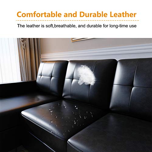 HONBAY Faux Leather Sectional Sofa Convertible L Shape Couch for Small Space, Black