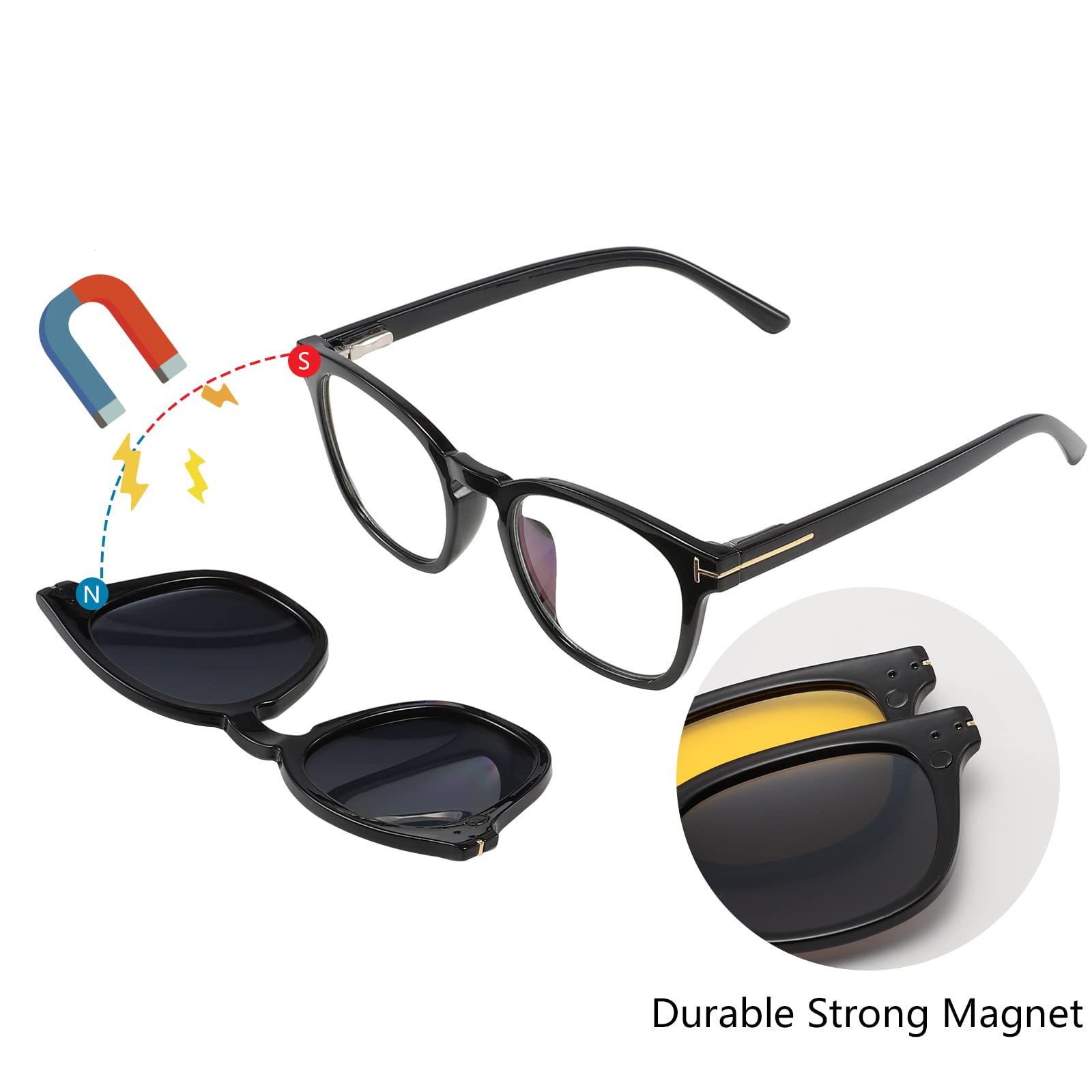 KSSESSE Small Blue Light Blocking Glasses with 4Pcs Magnetic Polarized Clip On Sunglasses Lenses for Men Women Multi-use
