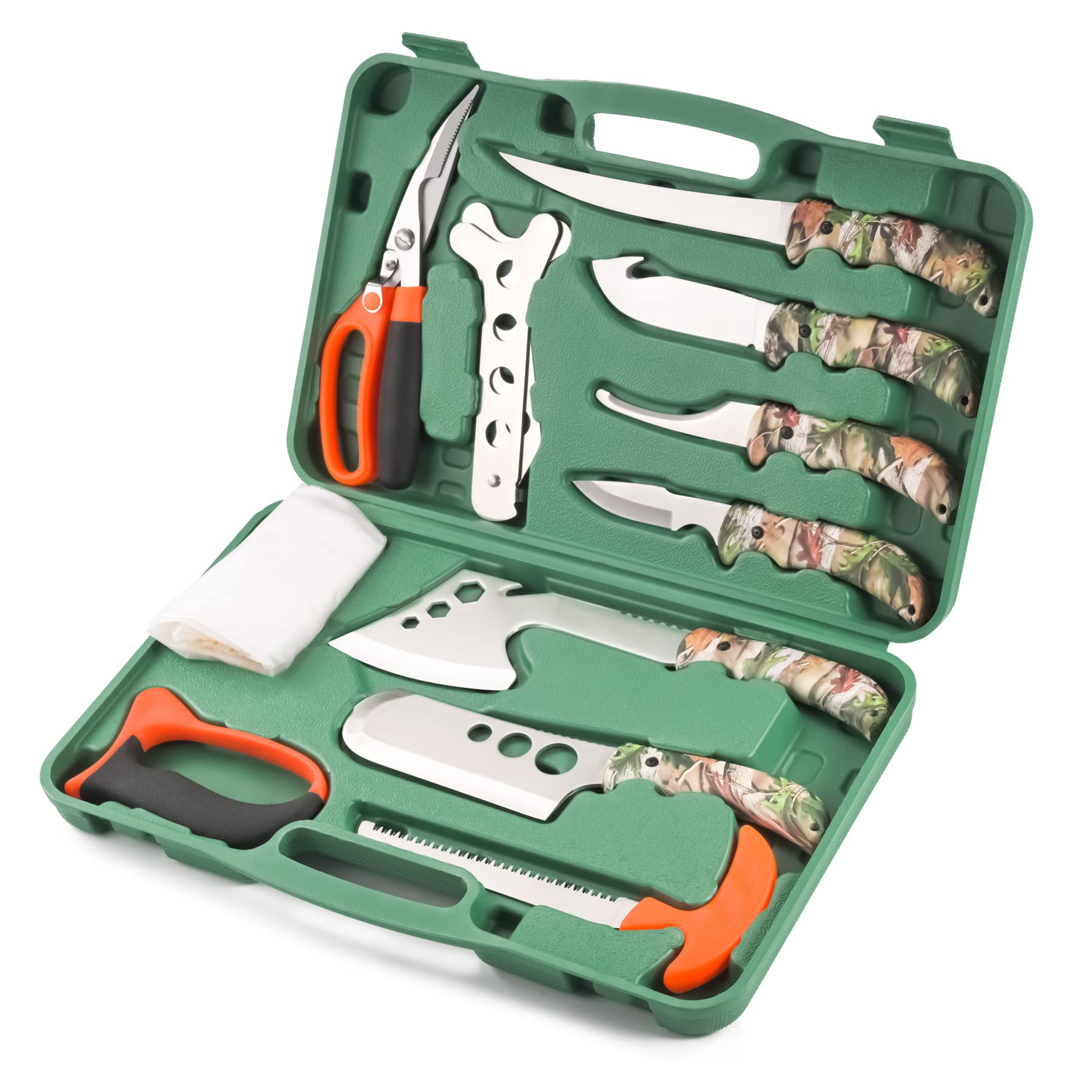 KNINE OUTDOORS 2022 Hunting Deer Knife Set Yellow Handle Field Dressing Kit Portable Butcher Game Processor Set, 12 Pieces, Yellow Green Case