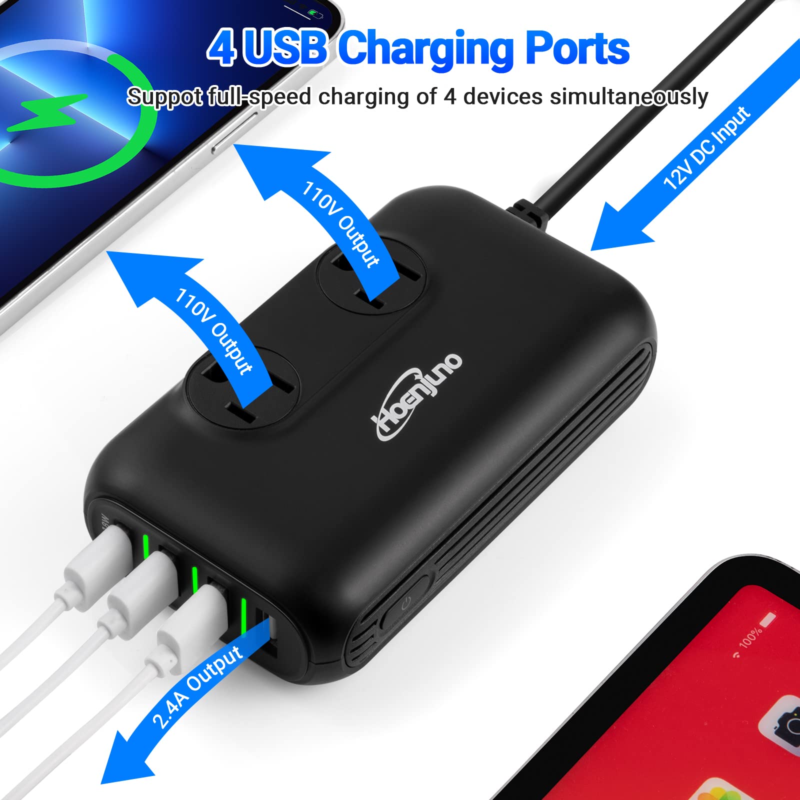Hoenjuno 200W Car Power Inverter DC 12V to 110V AC Loptop Car Charger, 3 USB Ports Car Adapter Outlet Plug with 1 Type C Ports Black
