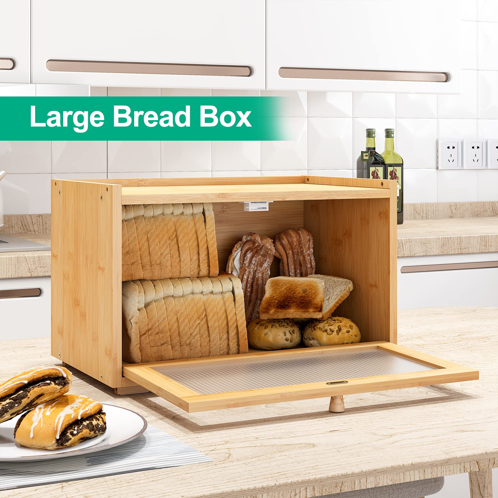 kiplant Large Bread Box for Kitchen Counter, Bamboo Bread Storage Container with Wavy Arcylic Transparent Door, Bamboo Wooden Farmhouse Bread Box for Your House