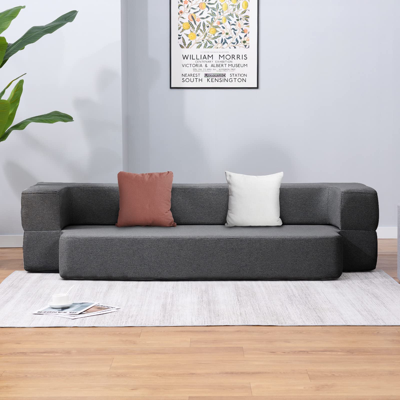 PUREMIND 2-in-1 Queen Convertible Couch Bed, Folding Floor Sofa Bed, Fold Out Floor Sleeper Sofa Couch for Living Room/Guest Room/Home Office Dark Grey