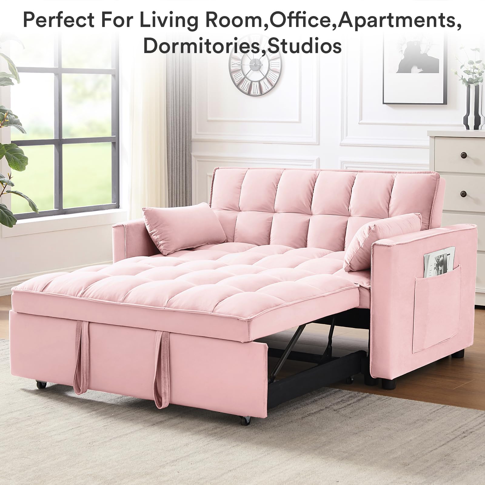 Rovibek 3 in 1 Sleeper Sofa Couch Bed Convertible Sofa Bed Pull Out Futon Loveseat Velvet Chaise Lounge 2 Seat for Living Room Apartment Small Space, Adjustable Backrest, Pillows, White
