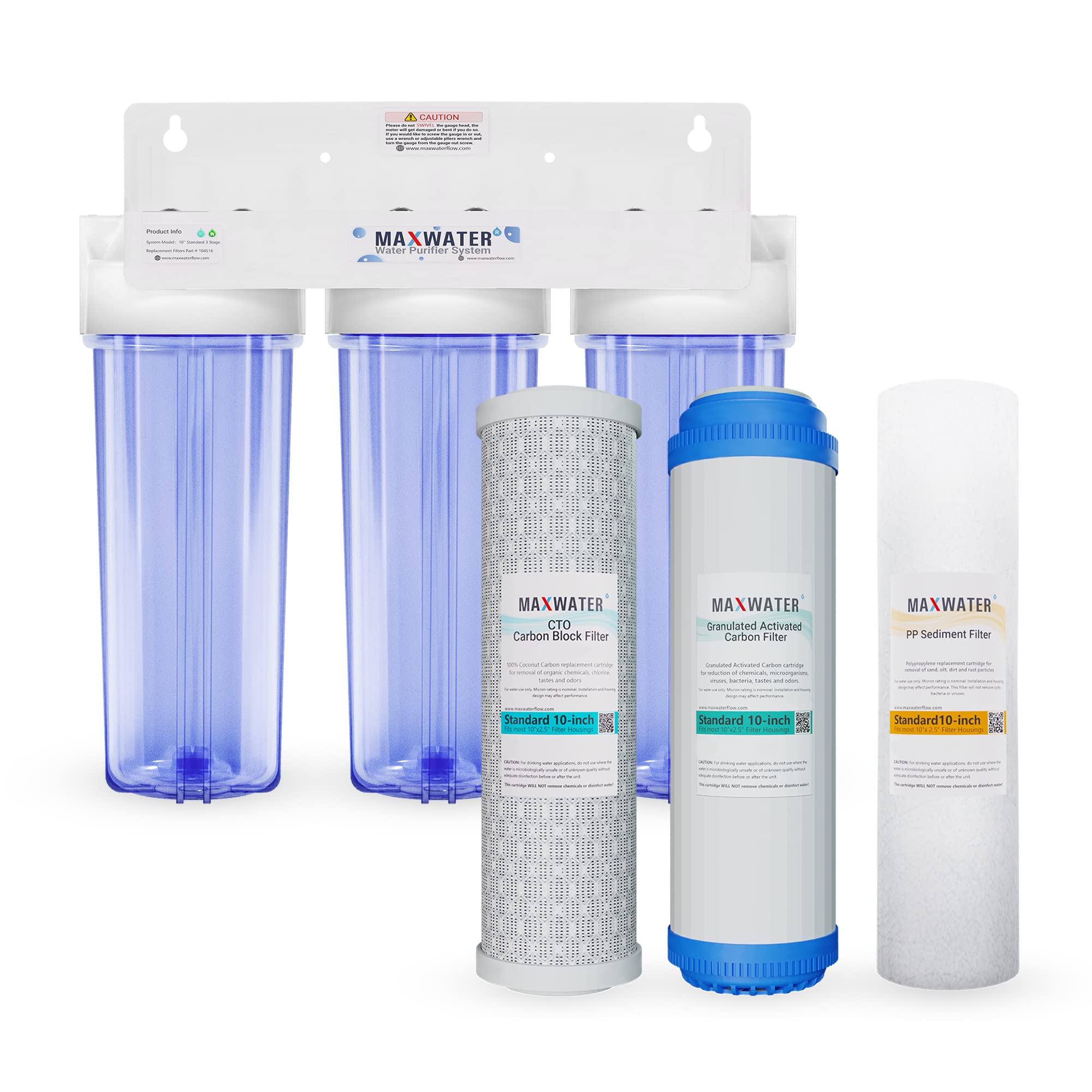 Max Water 10 inch Standard Whole House 3 Stage (Good for City Water) Water Filtration,10â x 2.5â Sediment + GAC + CTO Carbon Water Filters - 3/4" Ports - Model : WH-SC5