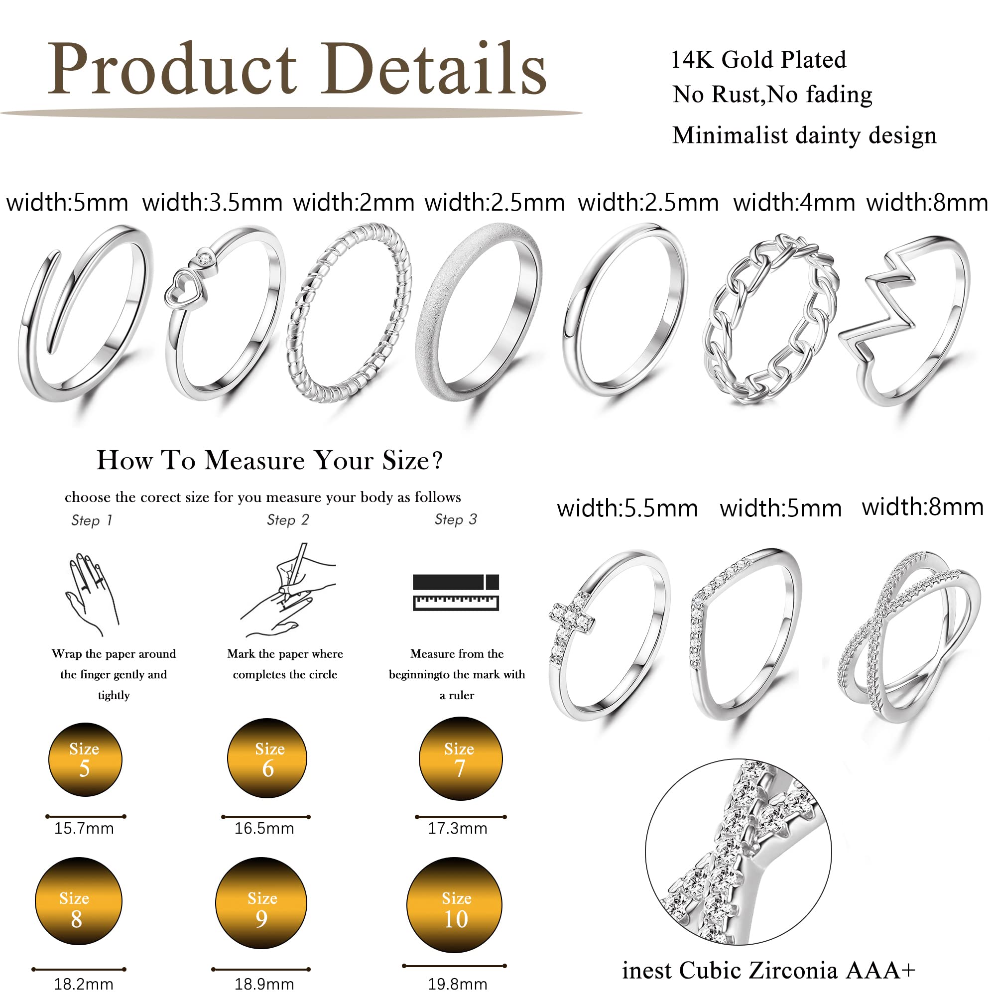 LOYALLOOK 10Pcs 14K Gold Plated Stacking Rings for Women Heart CZ Cross Stackable Knuckle Rings Set Promise Eternity Wedding Plain Rings Dainty Thumb Plain Band Midi Rings Silver Tone Size 9