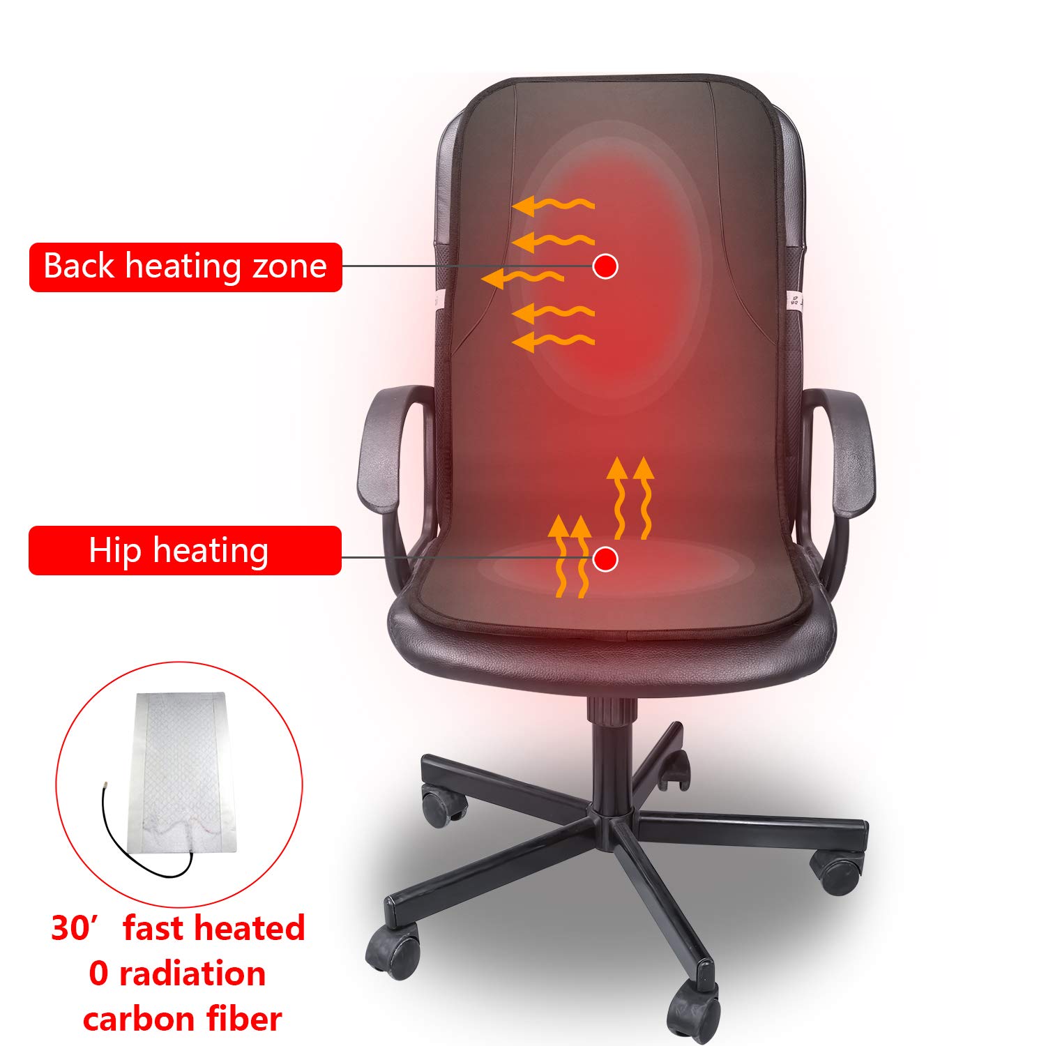 KUPX 24V UL DC Power Safe and Healthy Infrared Zero Radiation Multifunctional Carbon Fibre 30 Seconds Fast Heated Warm Office Chair Mat Back and Seat Cushion Pad Temperature Adjustable (Gray)
