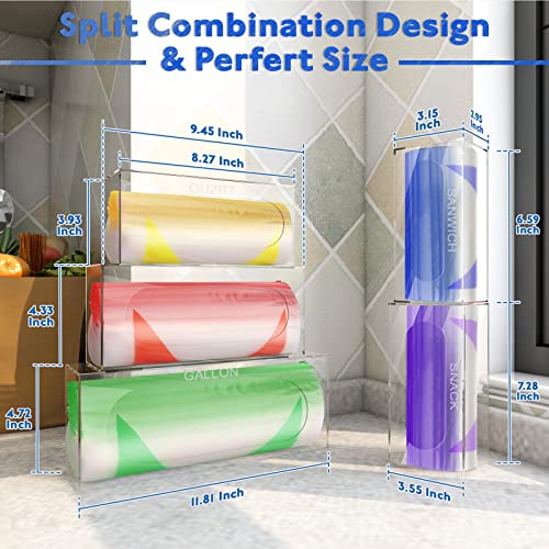 Ziplock Food Bag Storage Organizer, Acrylic Drawer Baggie Organizer Plastic Bag Dispenser Holder for Gallon Slider Quart Freezer Sandwich Snack, for Ziploc Solimo Glad Bags - 5 Pack, Clear