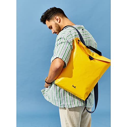 iod 15L Weatherproof Backpack with Zipper & Magnetic Fastener - Tarpaulin Bag with Adjustable Backpack Straps (Yellow with dark blue straps)
