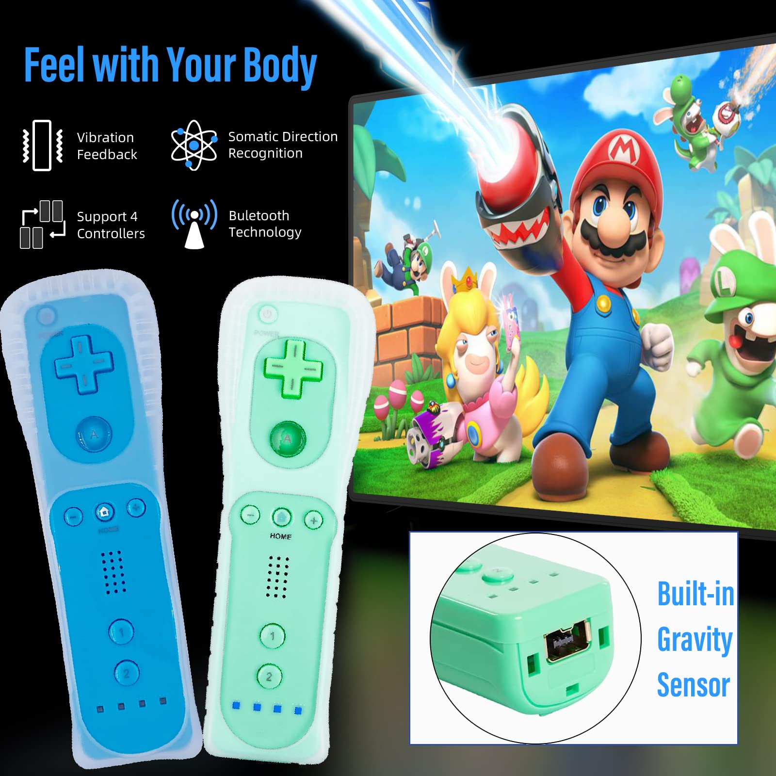 JTao-tec Wii Remote and Nunchuck Controller 2 pack Wii Remote Controller with Silicon Case for Wii and Wii U Aqua Green + Light Blue