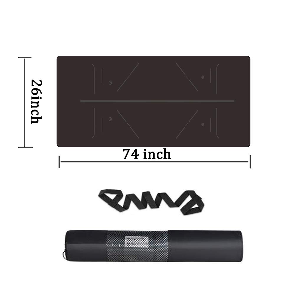 Ithonest PU Natural Rubber Yoga Mat with Alignment Lines,Pilates Exercise Non-slip Mats,Fitness Sports Slimming Training Eco Friendly mats & home 74"X26"(Included Carrying Strap and Mesh Bag) (Black)