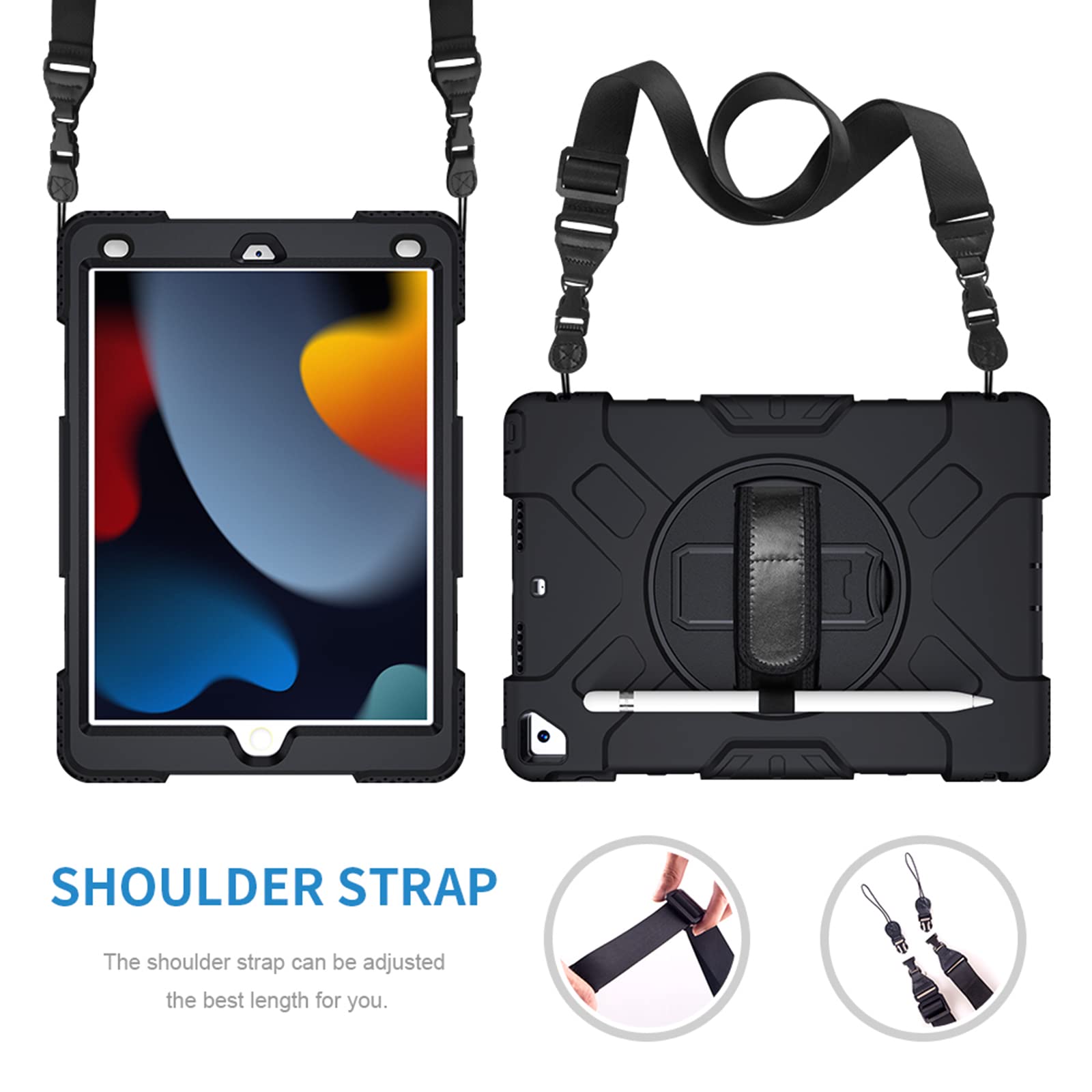 MR.HFSW Black Rugged 10.2 Inch Hard Case for Apple Ipad Protective Cover 7th 8th 9th Generation with Pencil Holder Travel Shoulder Carrying Hand Strap Stand Handle Extra Protection