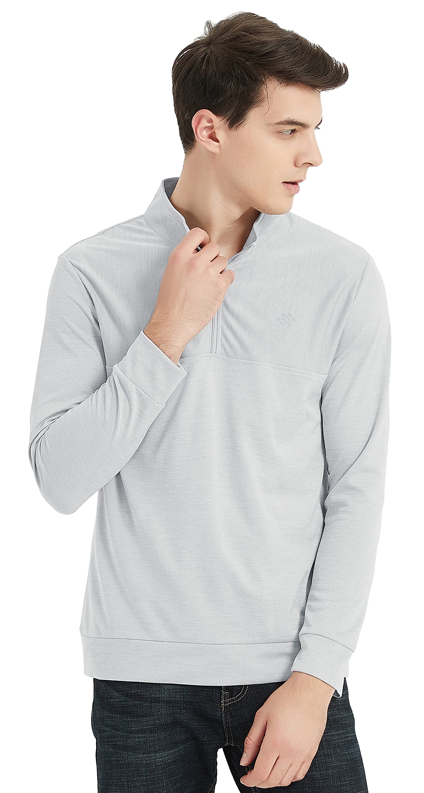 JINSHI Men Golf Shirt Long Sleeve Pullover Top Active Workout Sweatshirt Running Polo Shirt Light Grey,L