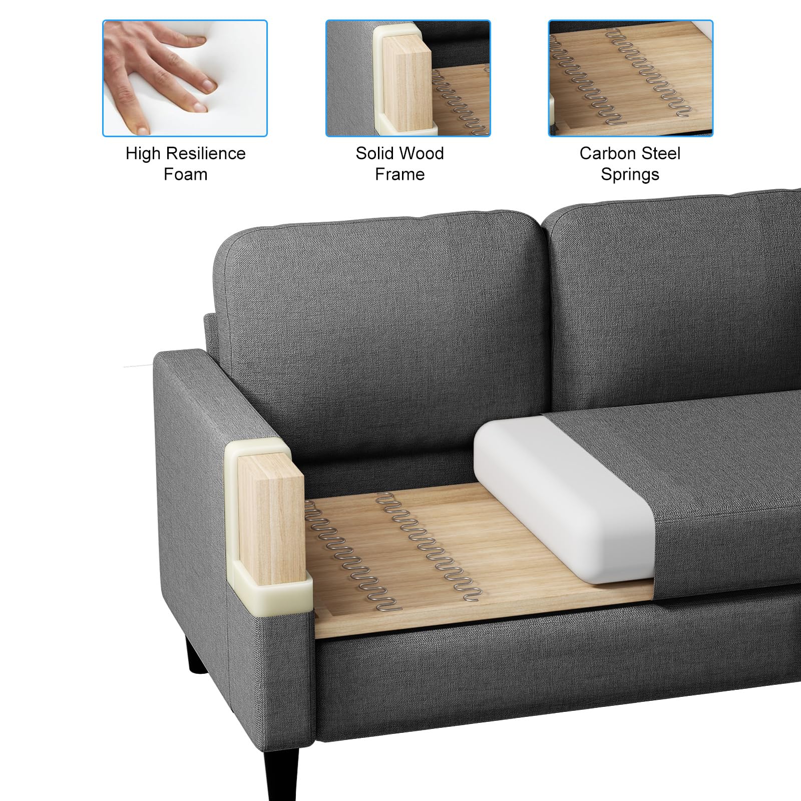 PUREMIND 76 Inches Sectional Sofa Couch, Linen Fabric L-Shaped Couch, 3-Seat Sofa with Reversible Storage Ottoman for Living Room, Apartment and Small Space (Beige)