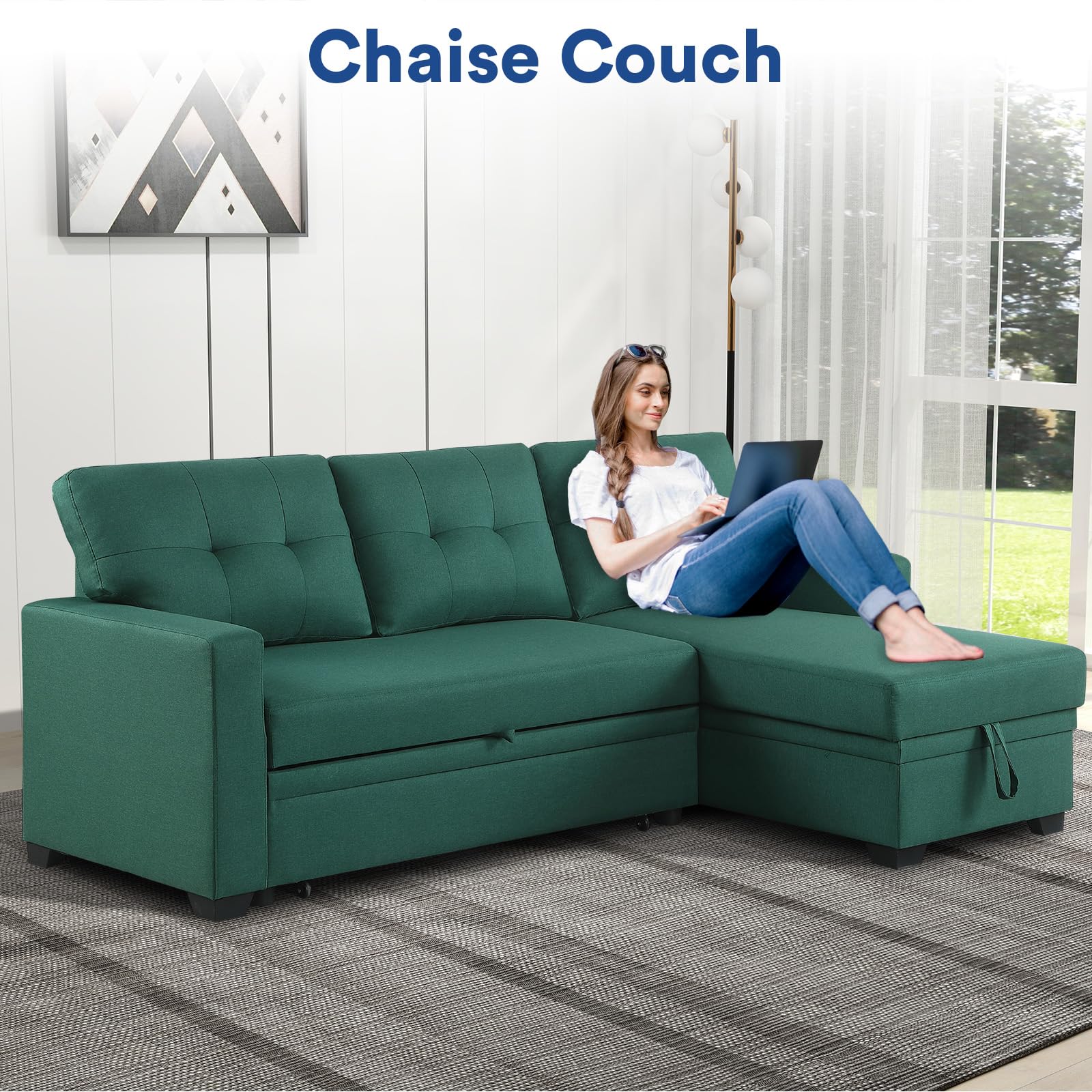 Rovibek 4-in-1 Convertible L Shaped Couch with Pull Out Bed and Storage, Sectional Sleeper Sofa with Reversible Chaise for Living Room, Apartment, Bedroom, Office