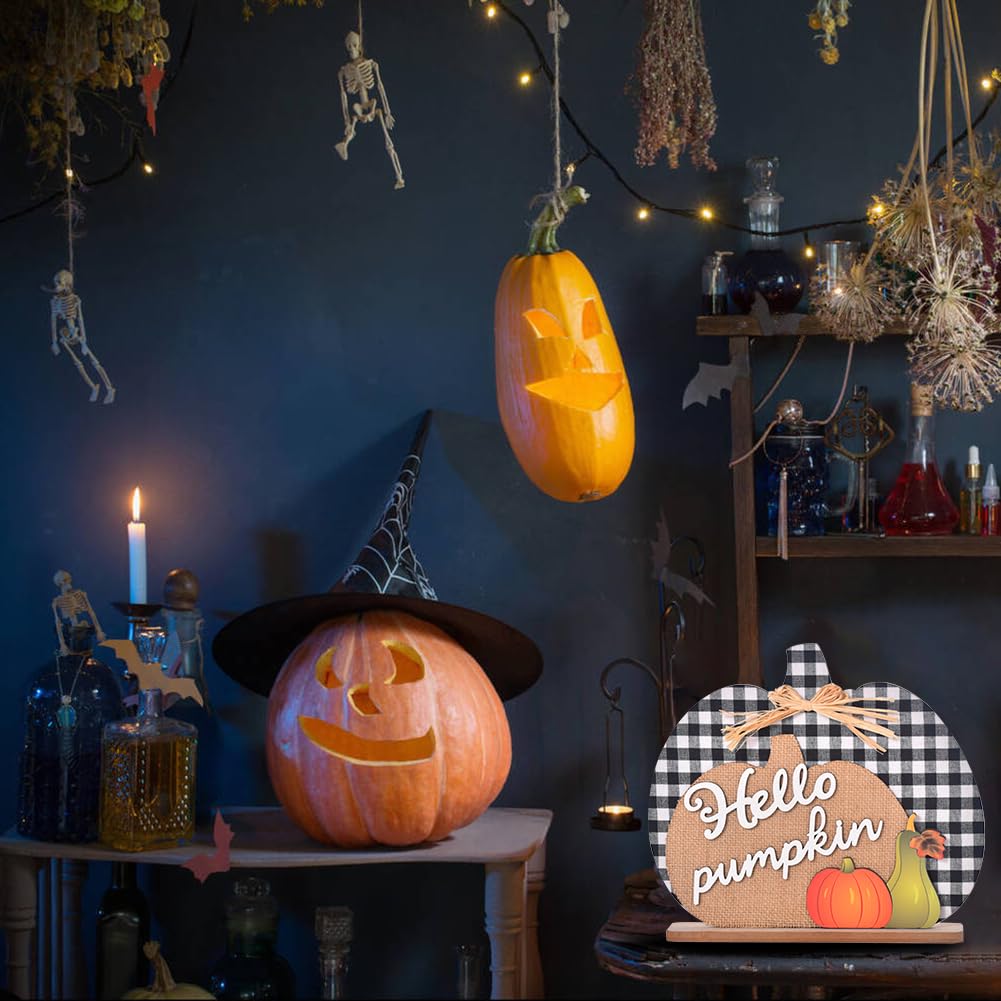 IDATOO Fall Decoration Signs, Hello Pumpkin Fall Décor for Fireplace and Tabletop Centerpiece - Cozy Wooden Rustic Buffalo Plaid Design for Halloween, Thanksgiving, and Autumn Holiday Indoor