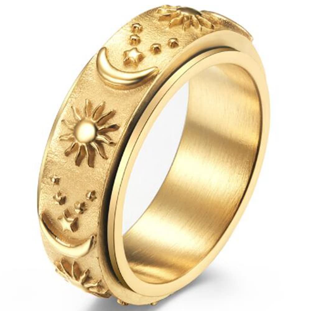 Jude Jewelers Stainless Steel Sun Moon Star Rotating Spinning Band Style Anxiety Relief Ring (Gold, 8)