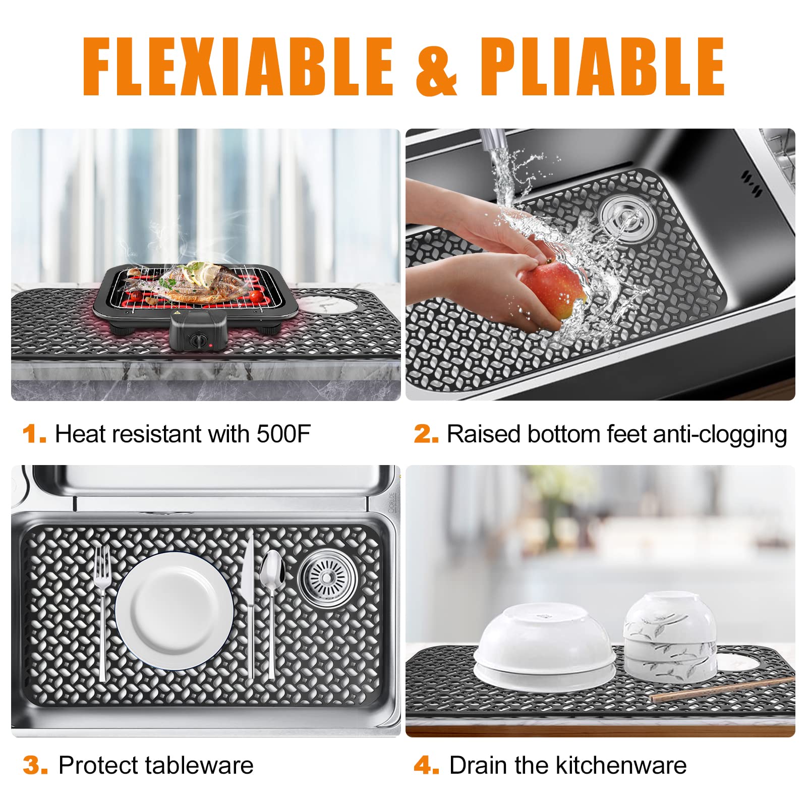 JUSTOGO Silicone Sink Mat, Black Sink Protectors for Kitchen Sink Grid Accessory, 1 PCS Non-slip Sink Mats for Bottom of Kitchen Farmhouse Stainless Steel Porcelain Sink Right & Left (28.2''x 14.2'')