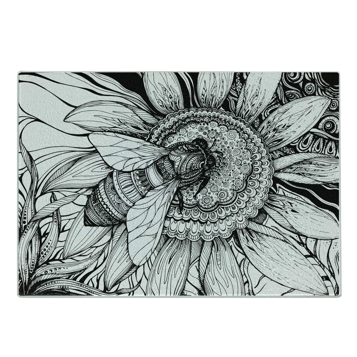 Lunarable Nature Cutting Board, Bee on a Flower Honey Floral Mother Earth Phase Wildlife Digital Print Art, Decorative Tempered Glass Cutting and Serving Board, Large Size, Black White