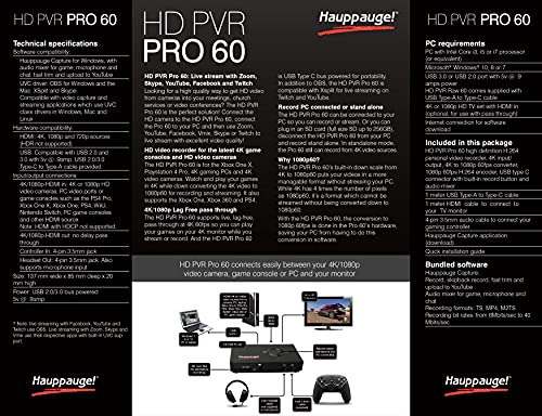 HAUPPAUGE HD PVR Pro 60 HD 4K in/Out 1080P 60fps Capture and Streaming PC Connected and Stand Alone for Zoom Skype YouTube Live and Twitch 1684