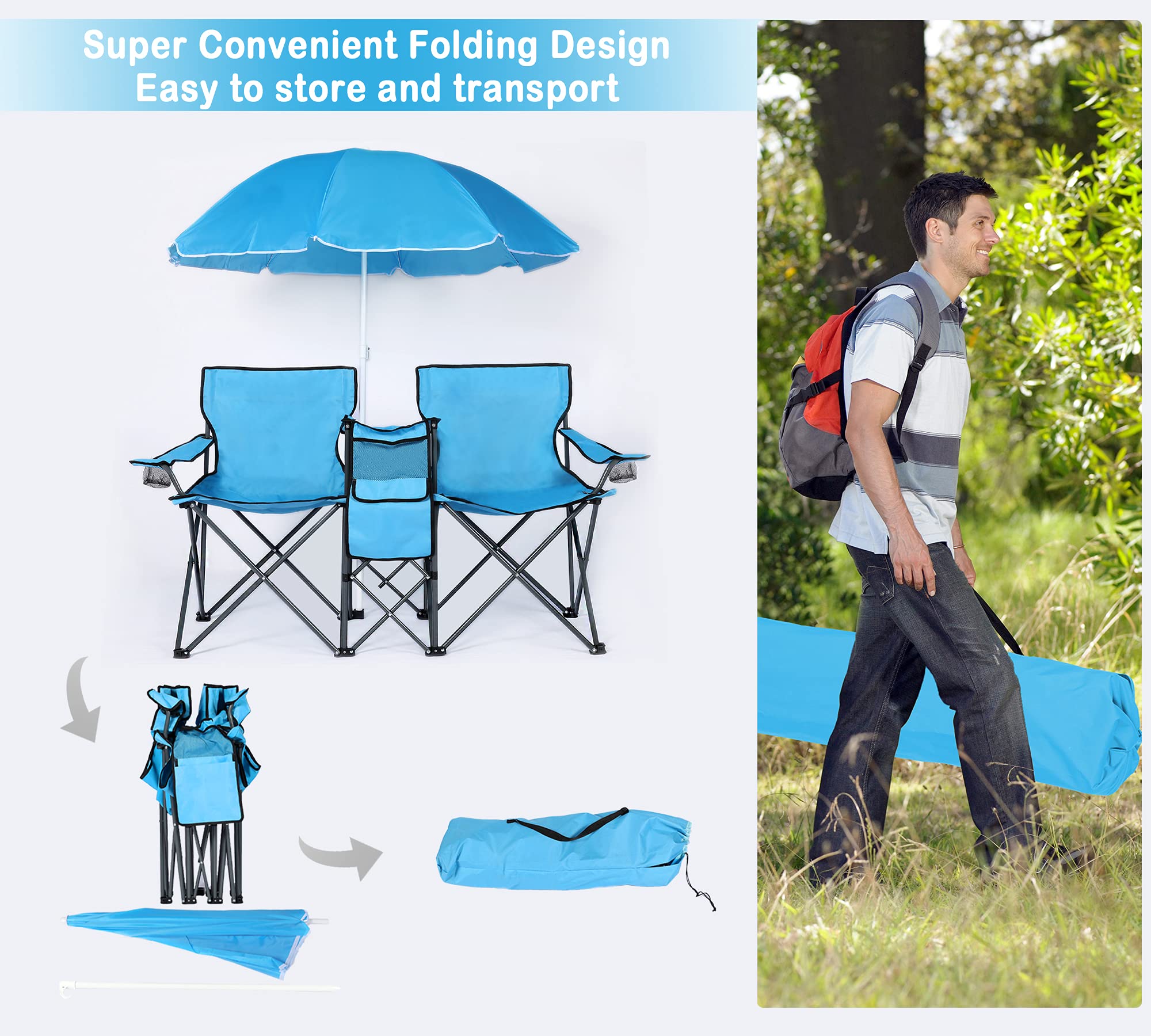 LAZZO Double Folding Camping Chairs, Portable Camping Chairs w/Removable Umbrella Mini Table Cooler Bag, Outdoor Picnic Double Folding loveseat Camp Chairs for Beach Patio Pool Park (Pineapple)