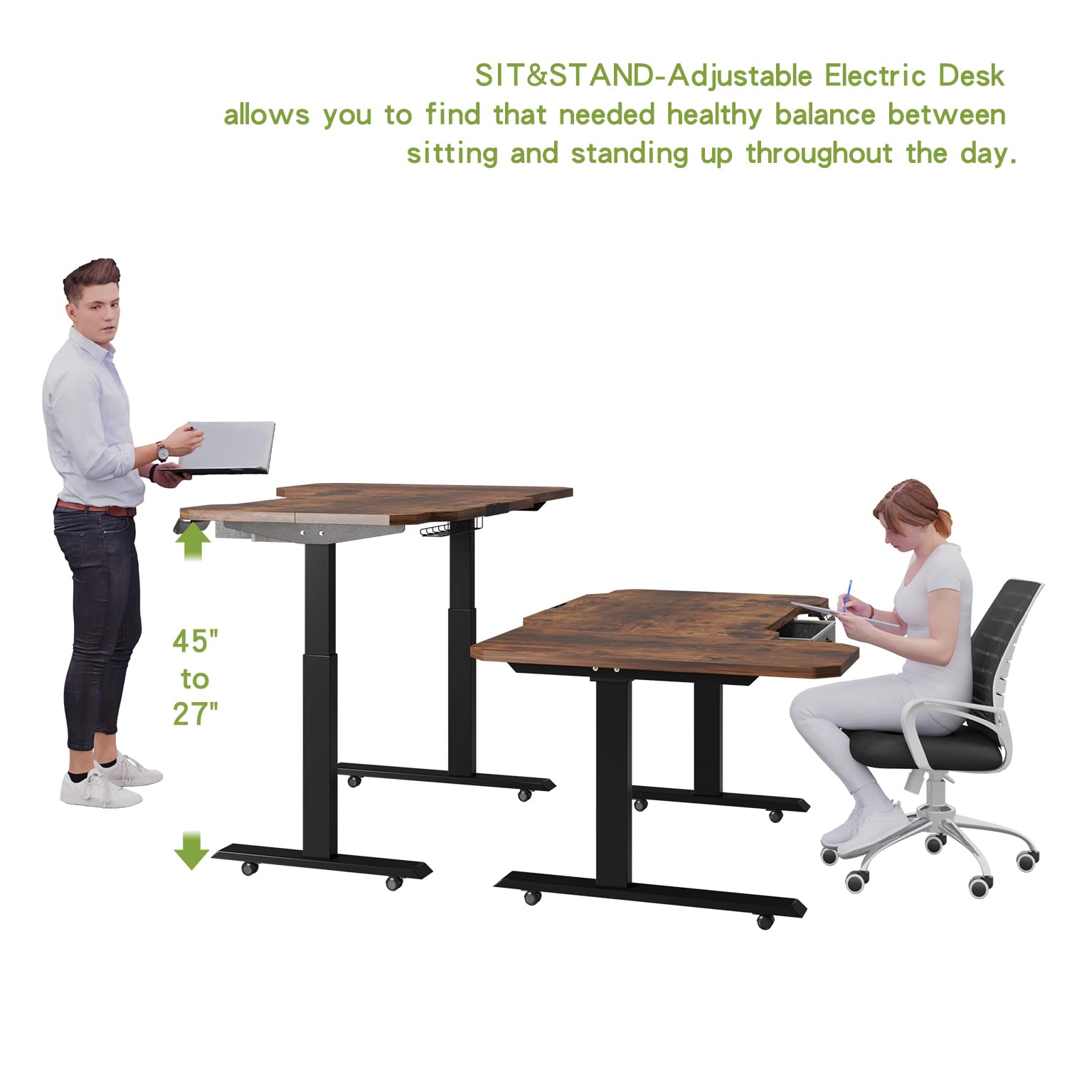 Radlove Dual Motors Height Adjustable 59'' L Shape Electric Standing Desk with Drawer Stand Up Table 4 Memory Keys, Computer Desk with Splice Board Home Office Desk, Rustic Brown Top + Black Frame