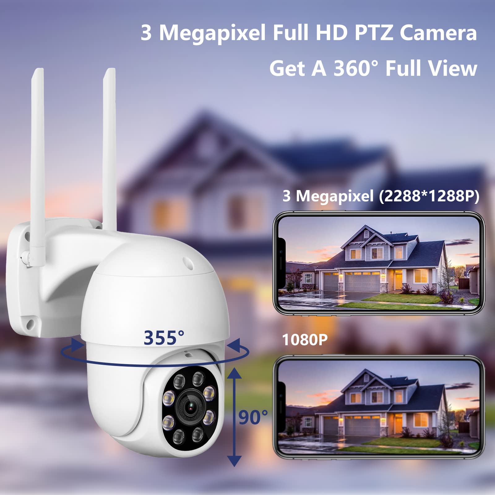 neweyesee WiFi Security Camera Outdoor 2K - 3MP WiFi Camera for Home Security with Pan Tilt 360°View Color Night Vision Motion Detection 2 Way Audio IP66 Waterproof DC Powered Surveillance Camera