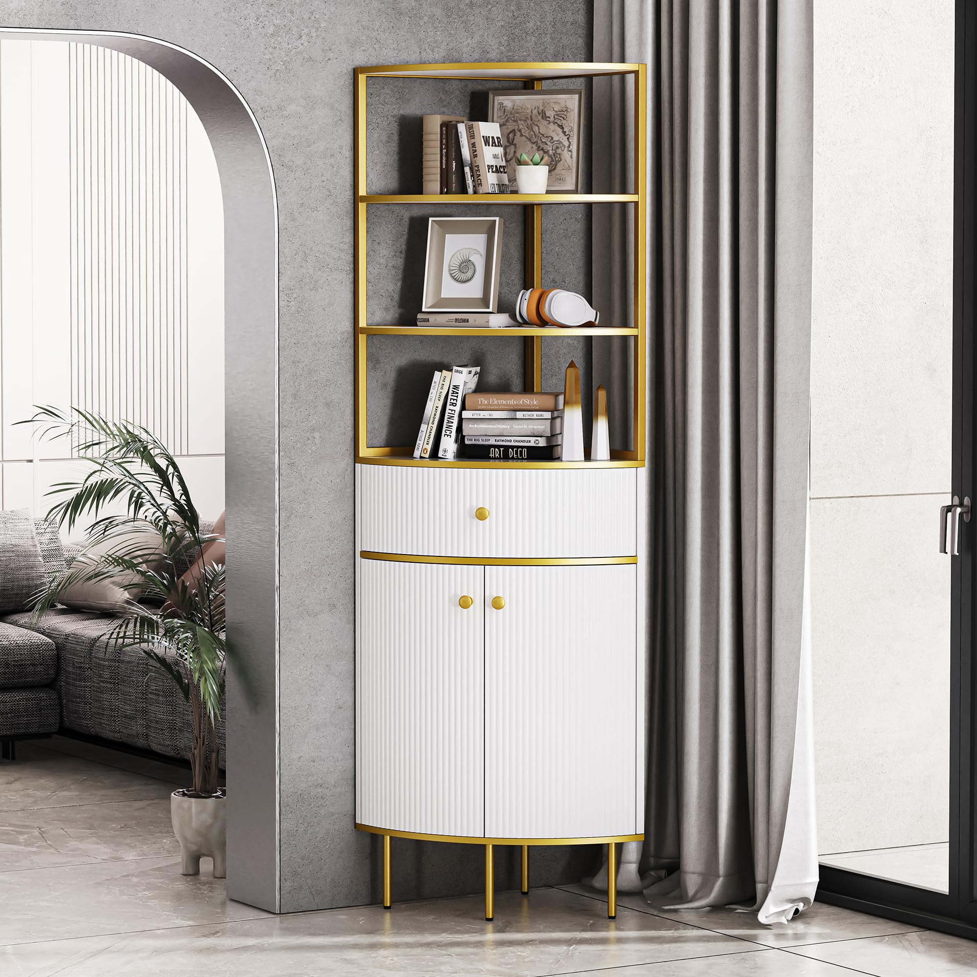 Modern 74.8" Tall Cabinet Corner Bookshelf, Fan Shaped Bookcase with Drawer and 2 Doors, Wooden Standing Corner Shelf with Gold Metal Frame for Living Room Study Room Home Office, White