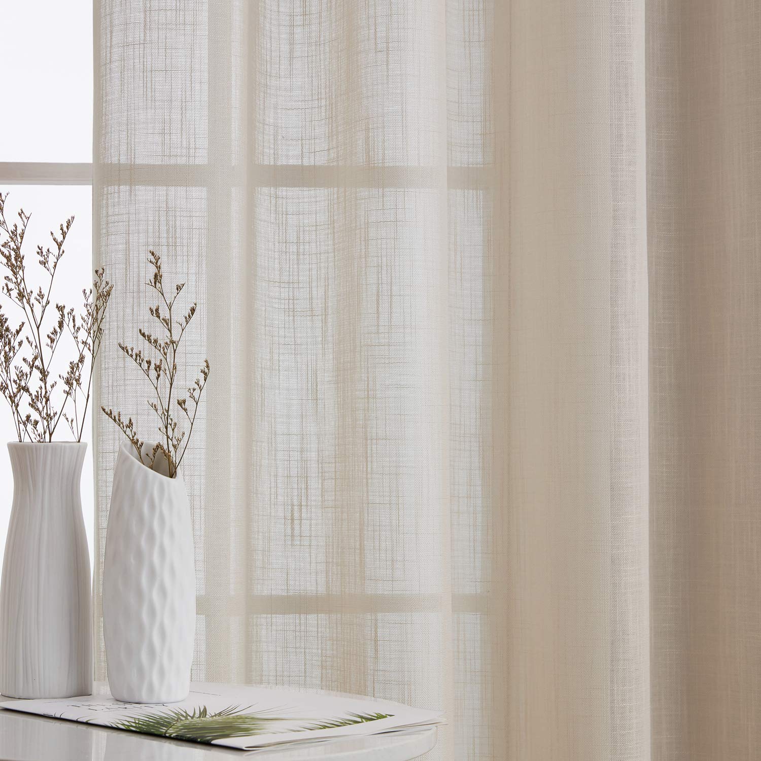 HLC.ME Abbey Faux Linen Textured Semi Sheer Privacy Light Filtering Transparent Thick Half Short Grommet Curtain Valance Topper for Small Windows, Bedroom & Bathroom (54 W x 18 L, Beige)