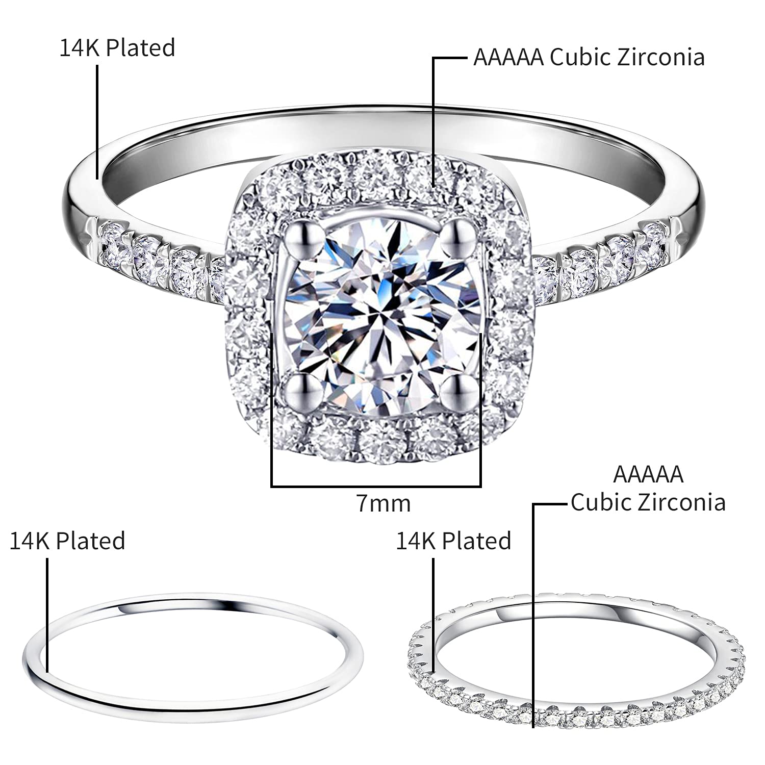 INSRING 14K Gold Plated Stackable Rings - Three-In-One Set Cubic Zirconia Engagement Promise Eternity Ring Band for Women White Gold, Size 5