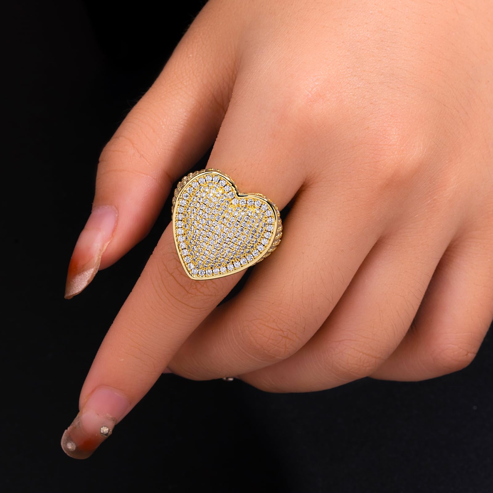Lulu Mel Iced out Jewelry heart shape party ring,14k gold plating CZ micro setting shiny INS style bling rose gold big size heart ring for men women (Gold, 8)