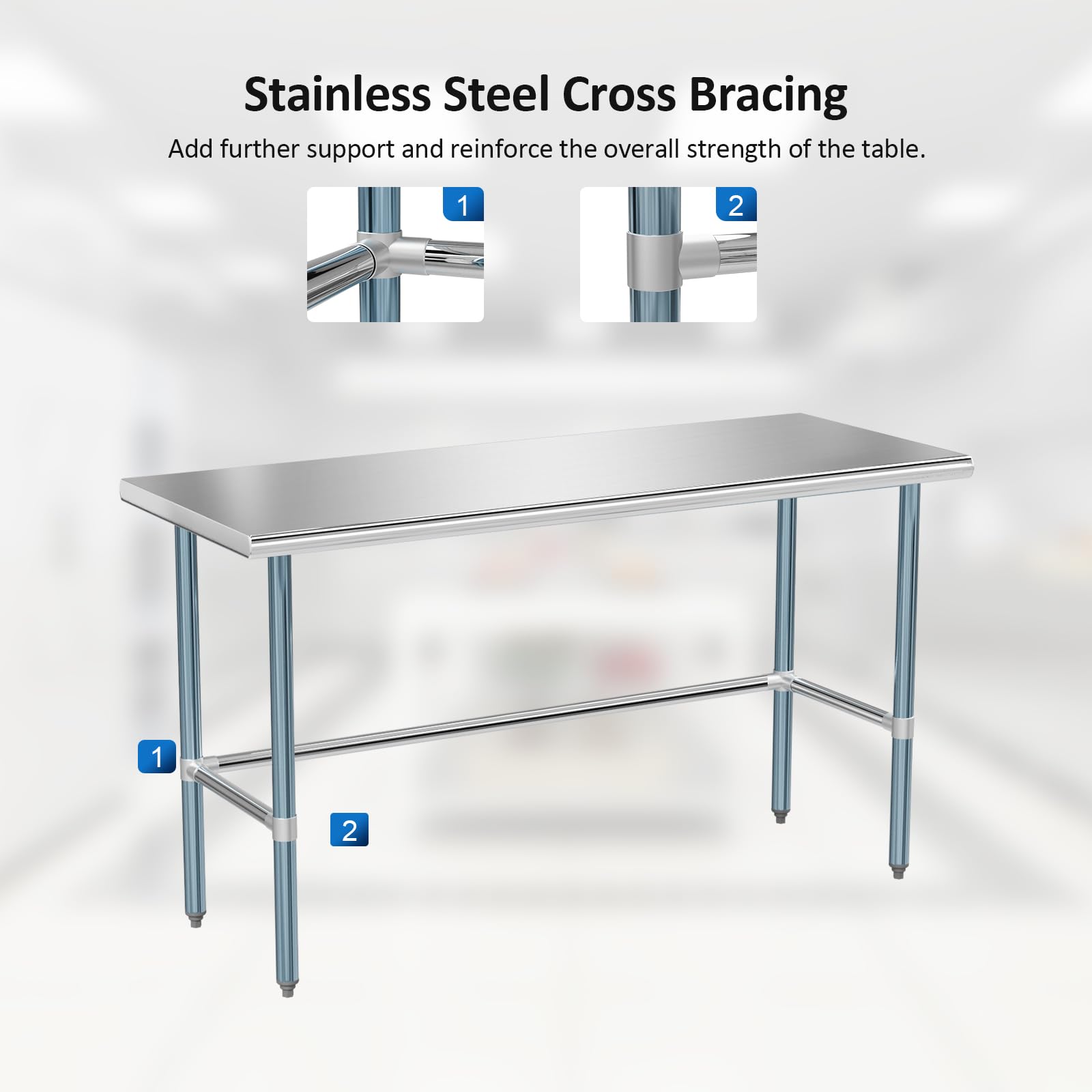 ROVSUN Open Base Stainless Steel Table 60 x 24 Inches, NSF Commercial Heavy Duty Prep & Work Table,Metal Table for Kitchen, Restaurant, Home, Hotel, Garage, Laundry