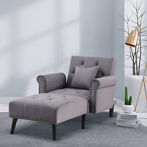 HOMCOM 2-in-1 Chaise Lounge Indoor with Rolled Armrest, Nailhead Trim and Button Tufting, Adjustable Velvet Fabric Upholstered Sofa for Bedroom and Living Room, Red