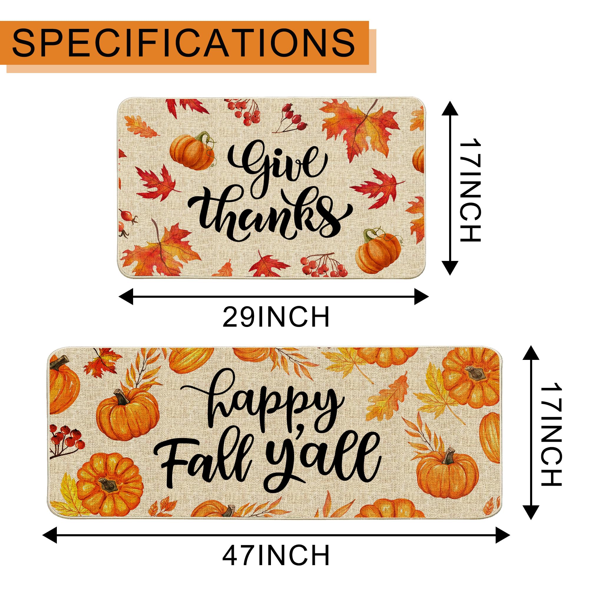 Hexagram 2 Pack Fall Kitchen Mats for Floor-Kitchen Rugs and Mats Non Skid Washable with Decor Pattern,2 Size of 17x29 and 17x47 Inch
