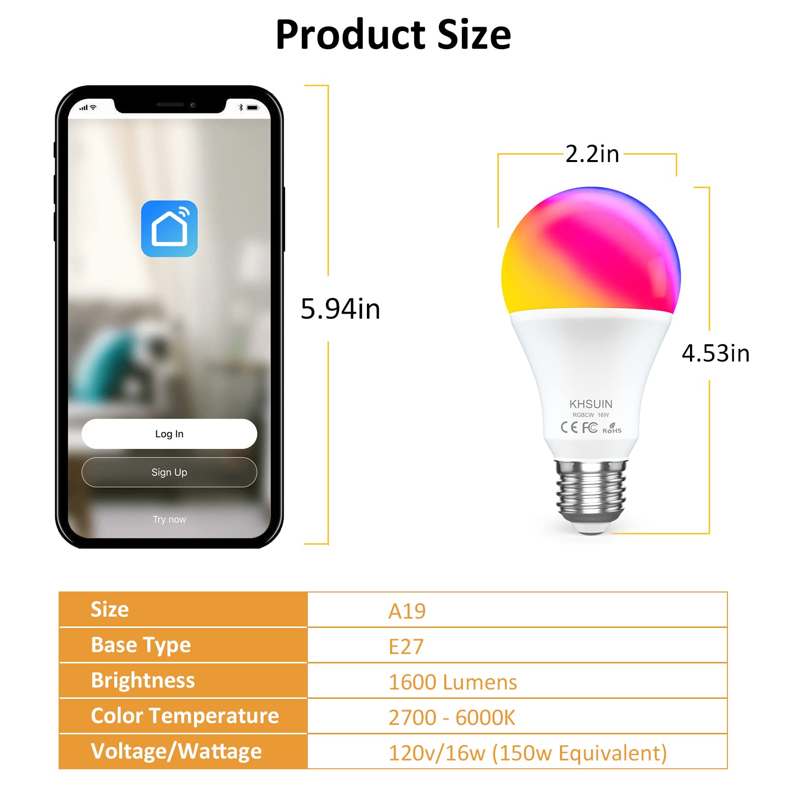 KHSUIN Bluetooth WiFi Smart Light Bulbs 150W Equivalent, 16W Dimmable 1600LM Smart Bulb Works with Alexa Google Home No Hub, E26 A19 LED Alexa Light Bulb, 2 Pack 2700-6500K RGBCW Color Changing CRI>90