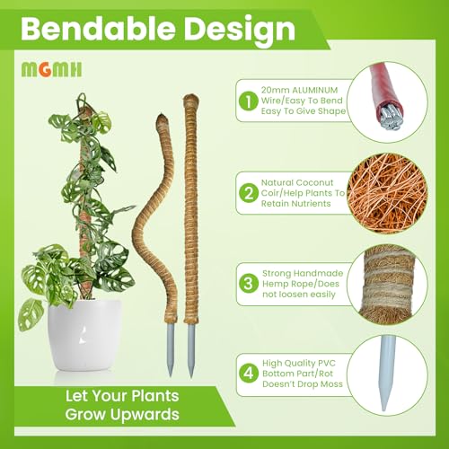 MGMH Coco Coir Moss Pole for Plants, 2 Sticks 25 Inch Bendable Plant Stakes Made of Real Coco Coir, Good for Climbing Plants Monstera and Other Creeper Plants Grow Upwards