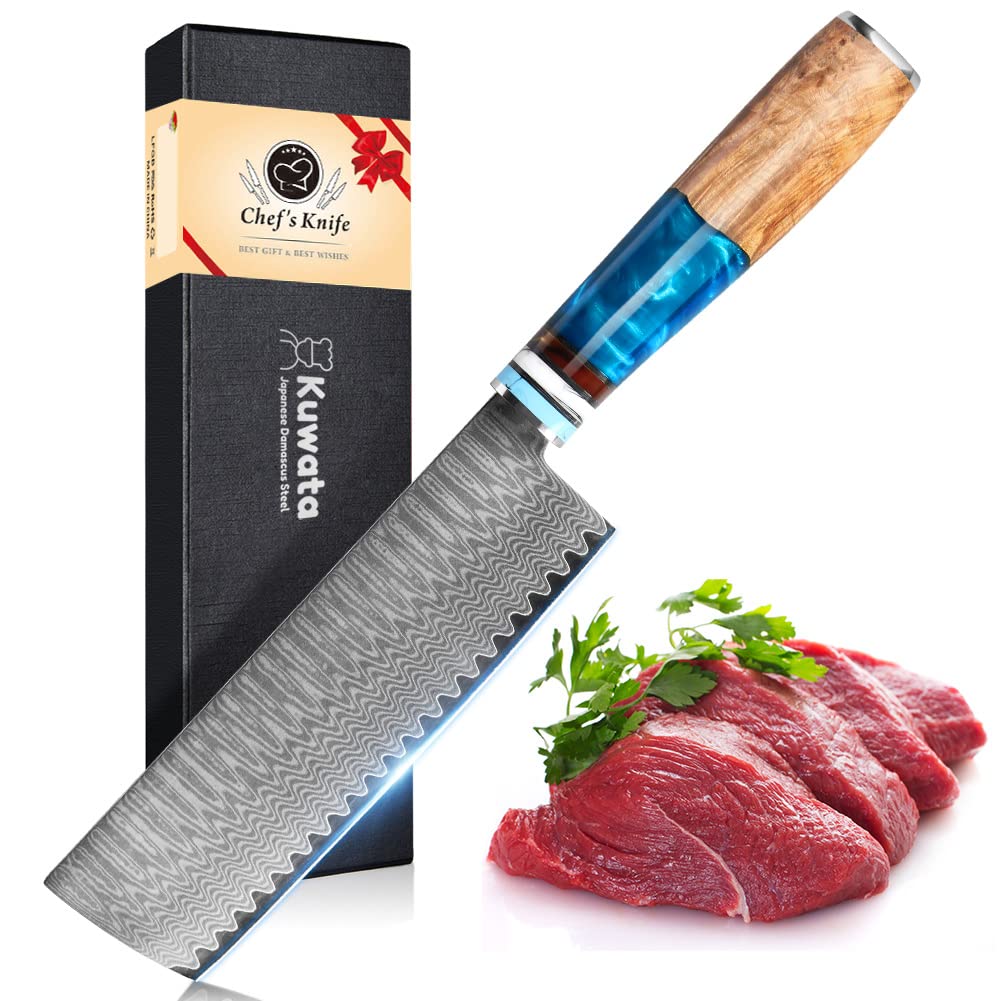 Kuwata Nakiri Chef Knife, Japanese VG-10 High Carbon Steel Damascus Professional Kitchen Chefs Cooking Knife in Gift Box, G10 Ergonomic Handle, Gift Box for Family, Restaurant