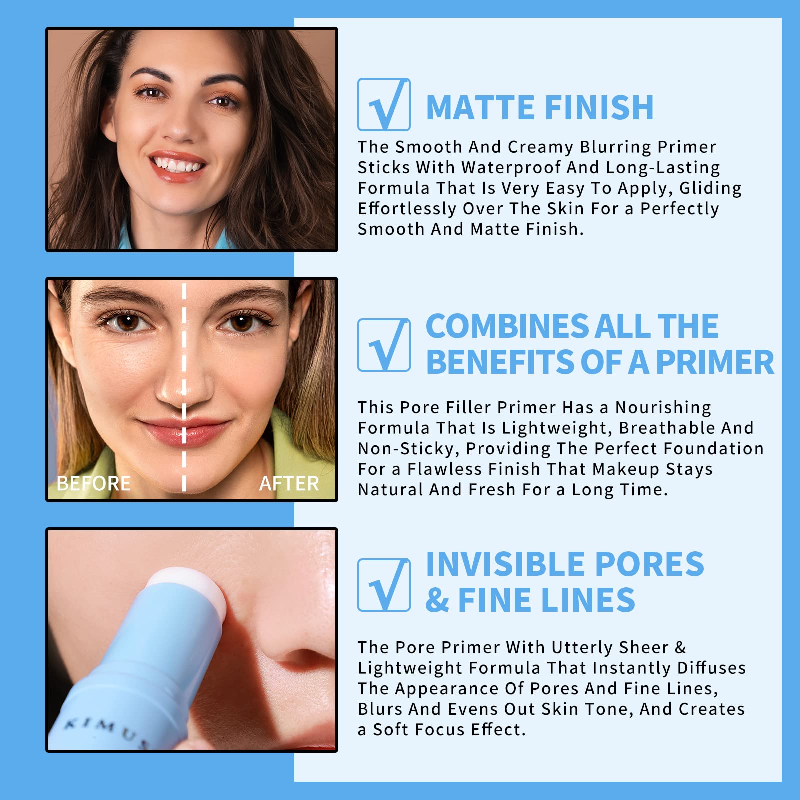 KIMUSE Primer Face Makeup Blur Primer Stick, Lightweight, Smooths, Long-Lasting, Minimize Pores, Flawless Finish, Face Primer for All Skin Types