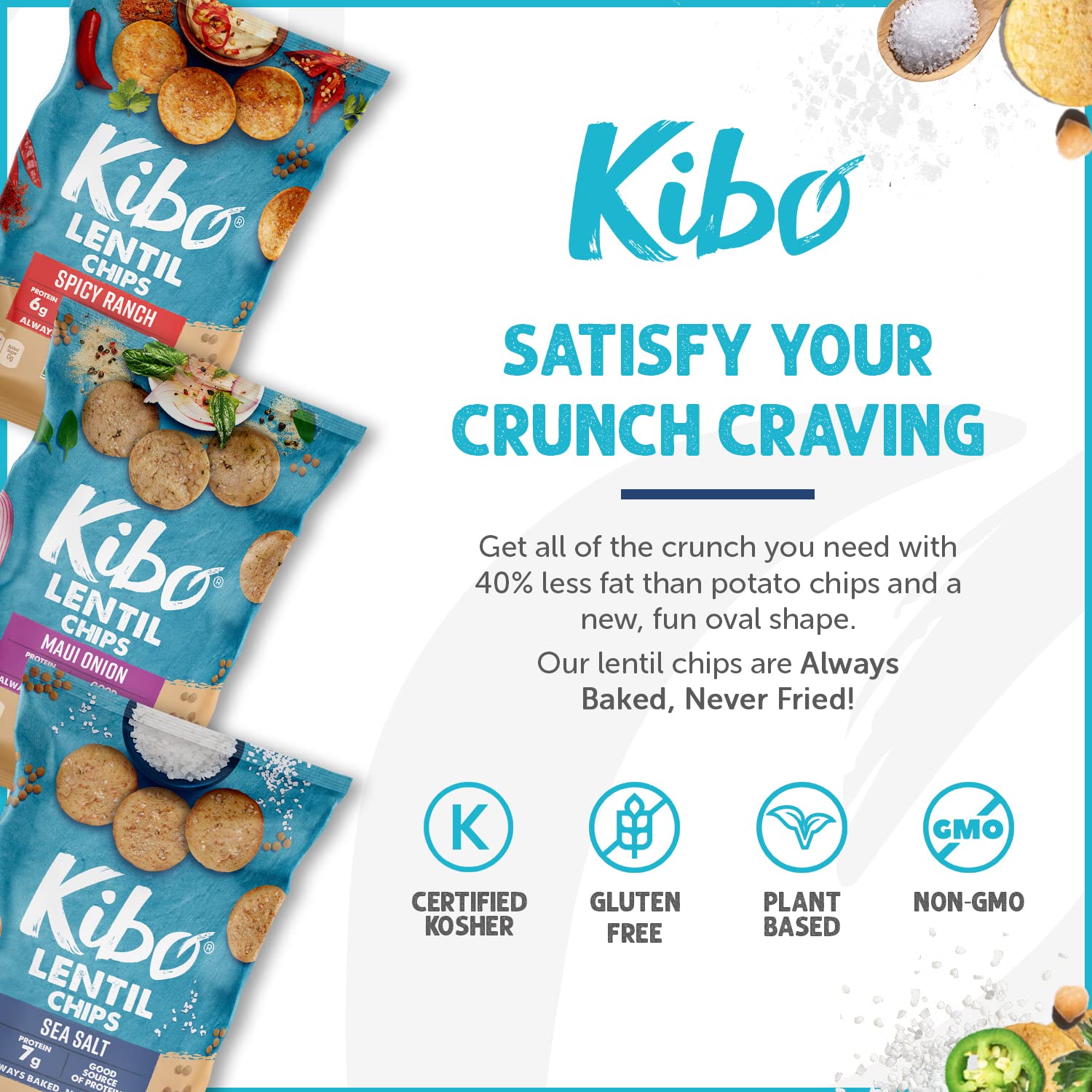 Kibo Lentil Chips Variety Pack - Gluten-Free Vegan Chips - Non-GMO Verified - Plant-Based 28 grams – Maui Onion, Sea Salt, and Spicy Ranch - 12 pack