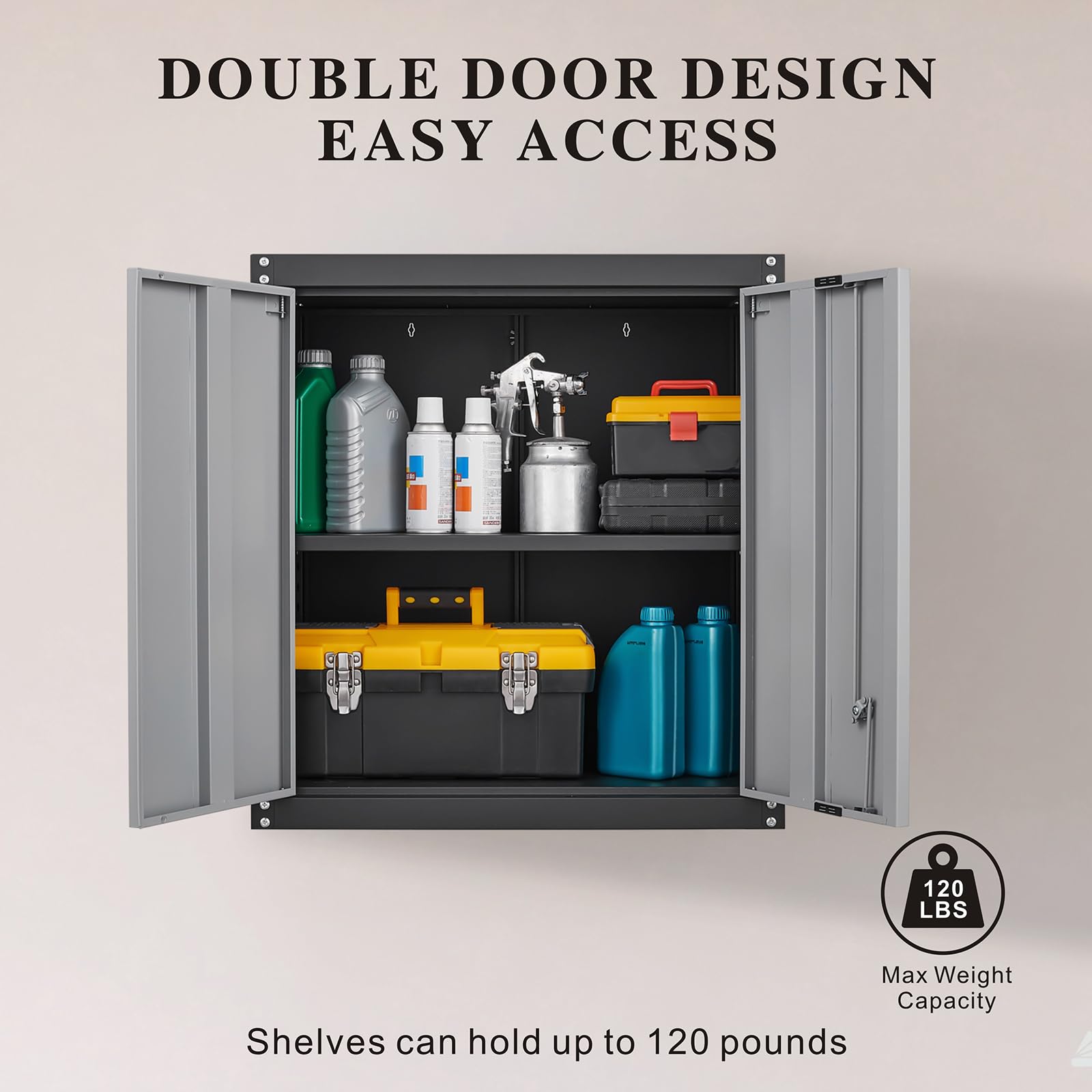GREATMEET Metal Wall Cabinet, Wall Mounted Cabinet with Doors and Adjustable Shelf, Metal Storage Cabinet with Lock, Wall Cabinet for Garage, Pantry, Utility Room, White