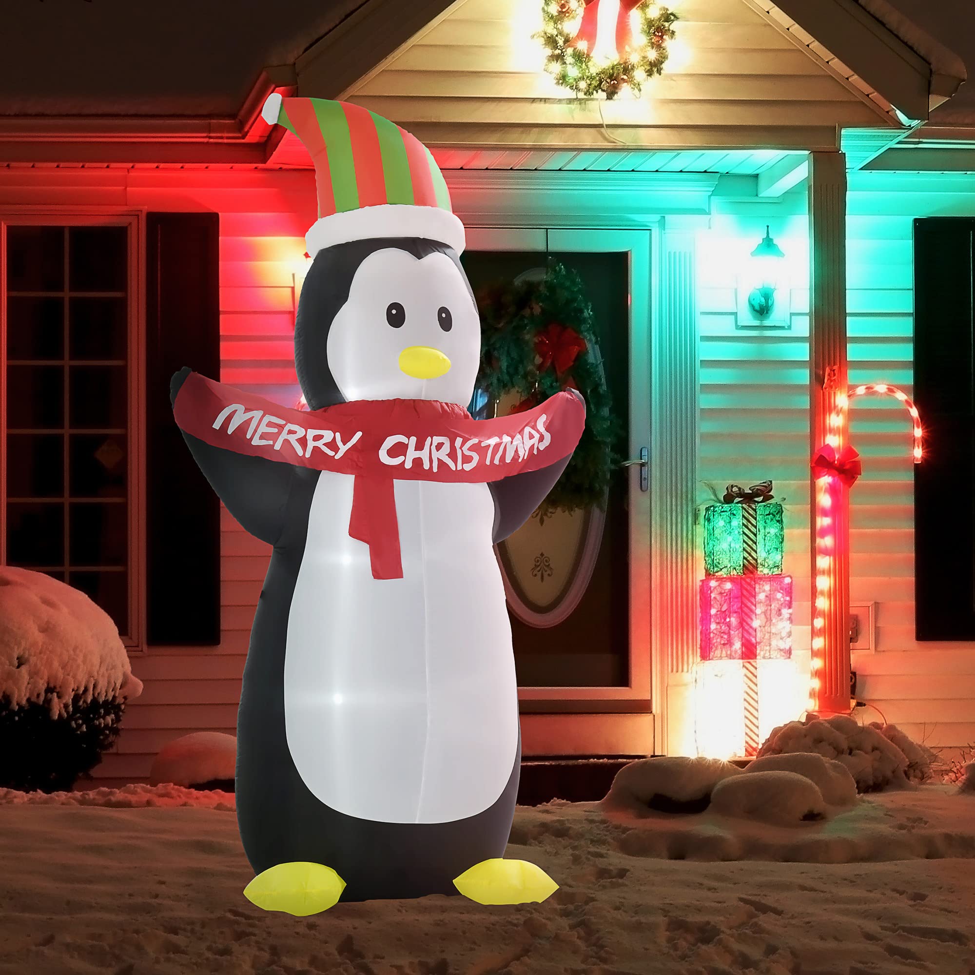 HOMCOM 8ft Christmas Inflatables Outdoor Decorations Penguin with Merry Christmas Banner, Blow-Up Yard Christmas Decor with LED Lights Display