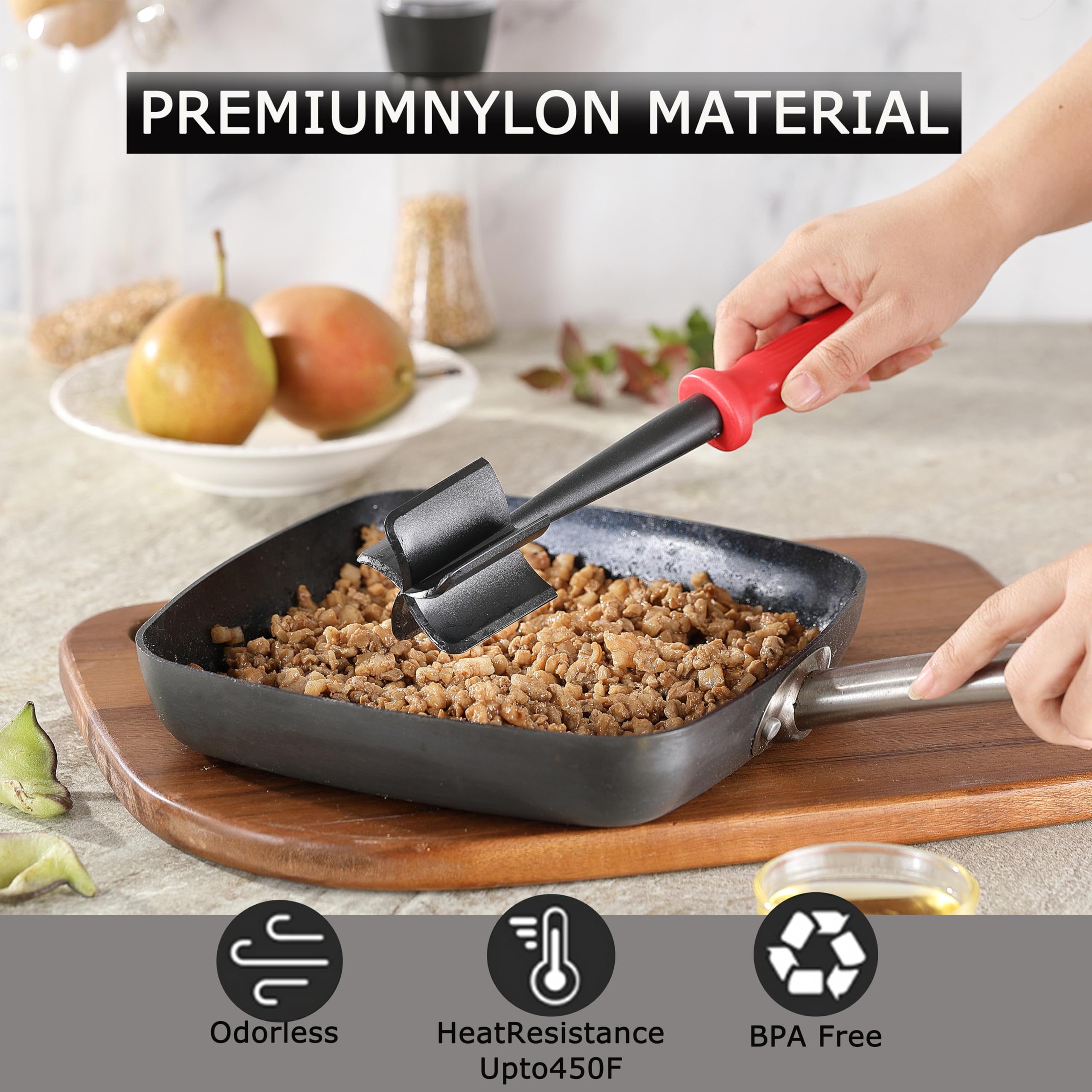 Meat Chopper, MONGSEW Heat Resistant Masher and Smasher for Meat and Hamburger, Ground Beef Smasher, Nylon Meat Spatula Chopper, Mix and Chop Kitchen Tool (Unique Double Colors)