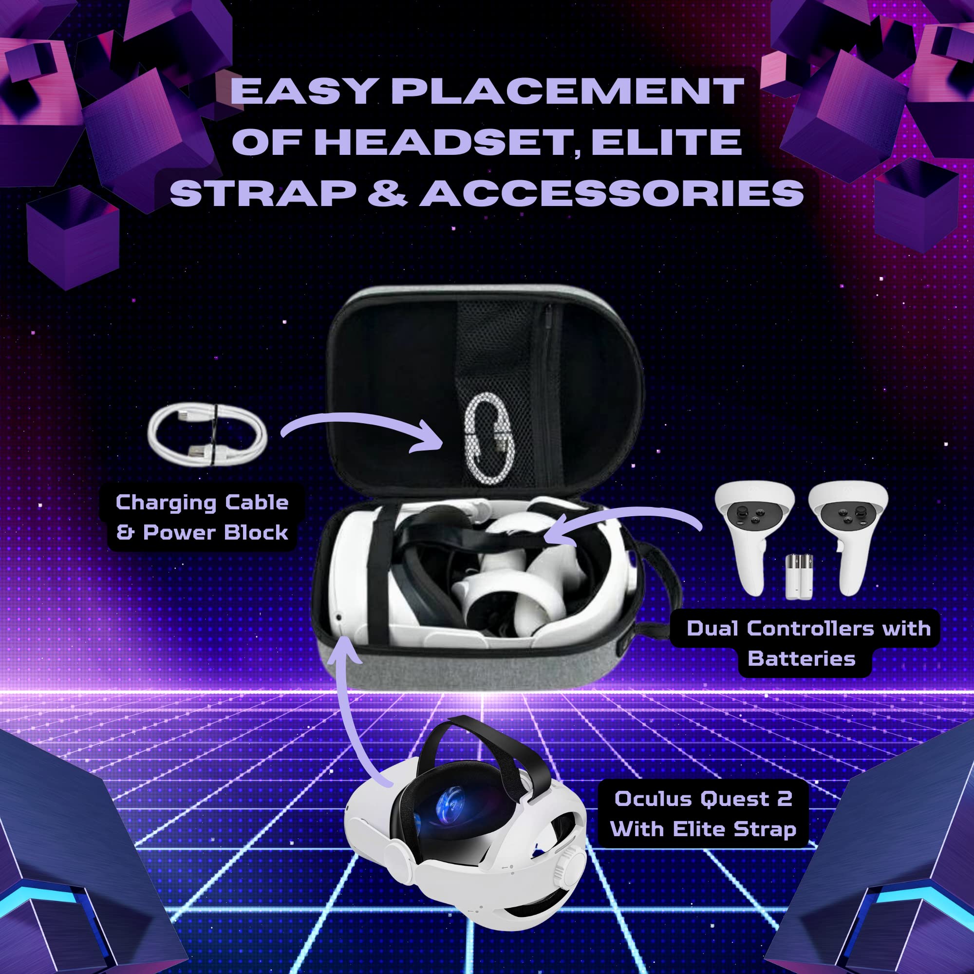 Kryptec Premium Carrying Case Compatible with Oculus Quest 2 and All Elite Straps - Lightweight Travel Designed to Protect Your VR Headset & Accessories Comfortable Carry, Gray (GreyVR2324)