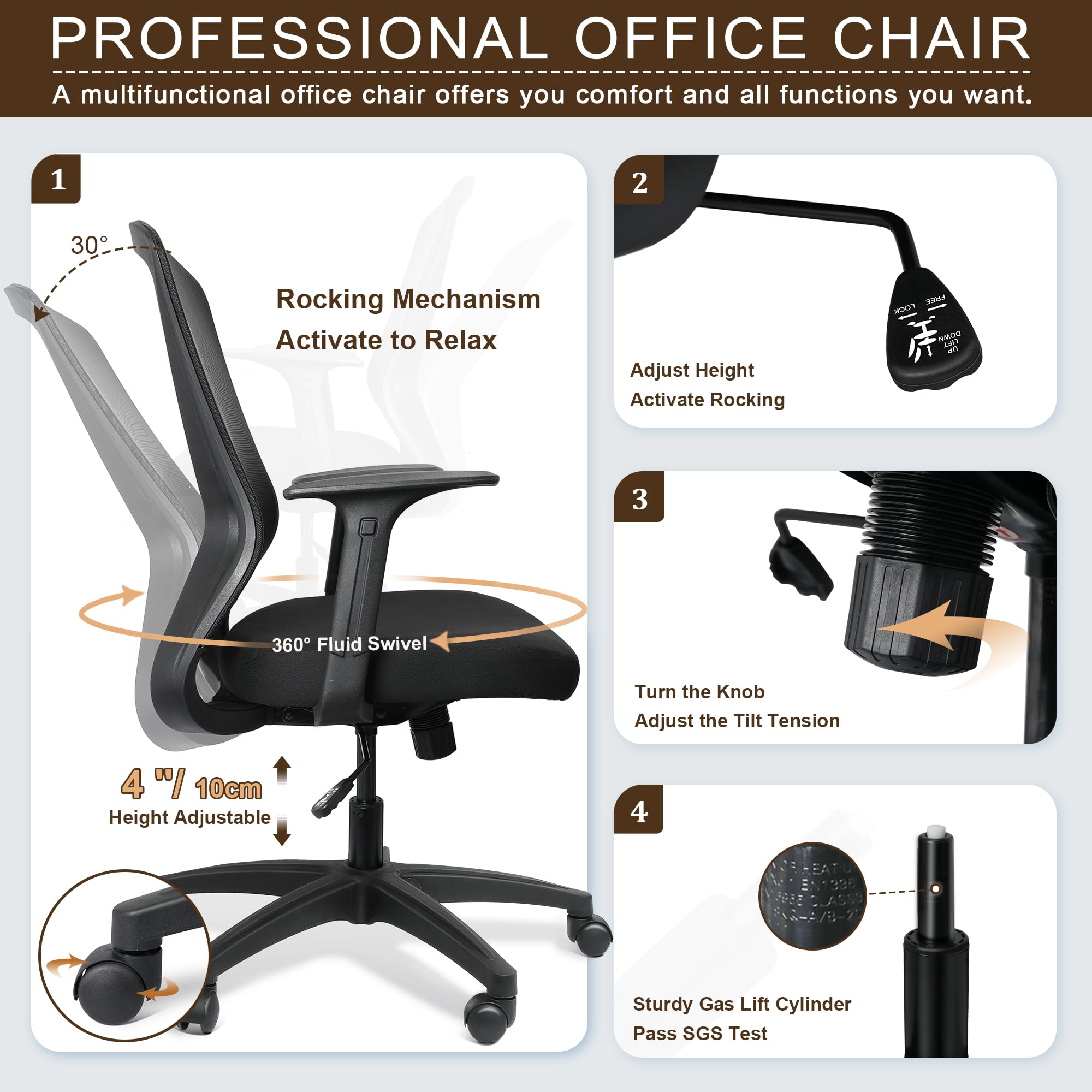 Modern Ergonomic Swivel Computer Office Desk Chair with Adjustable Height Lumbar Support for Home Study