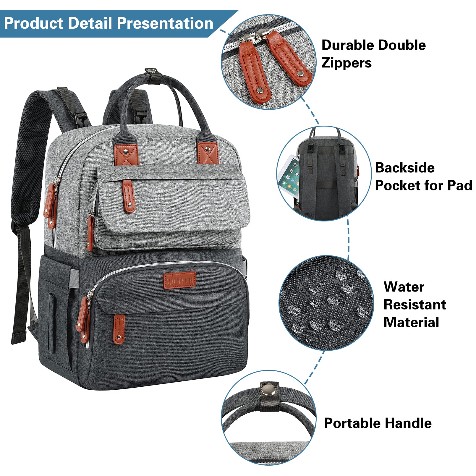 Migtech Baby Diaper Bag Backpack with Insulated Pockets, Stroller Straps - Large Capacity, Waterproof, for Travel