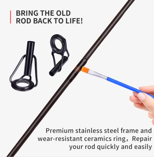 Hifisher Fishing Rod Tip Repair Kit: 40pcs 8 Sizes Top Guides,1oz Epoxy Resin, Brush, Measure Cup, Fishing Rod Guides Replacement kit, Stainless Steel Ceramic Ring Guide Tips