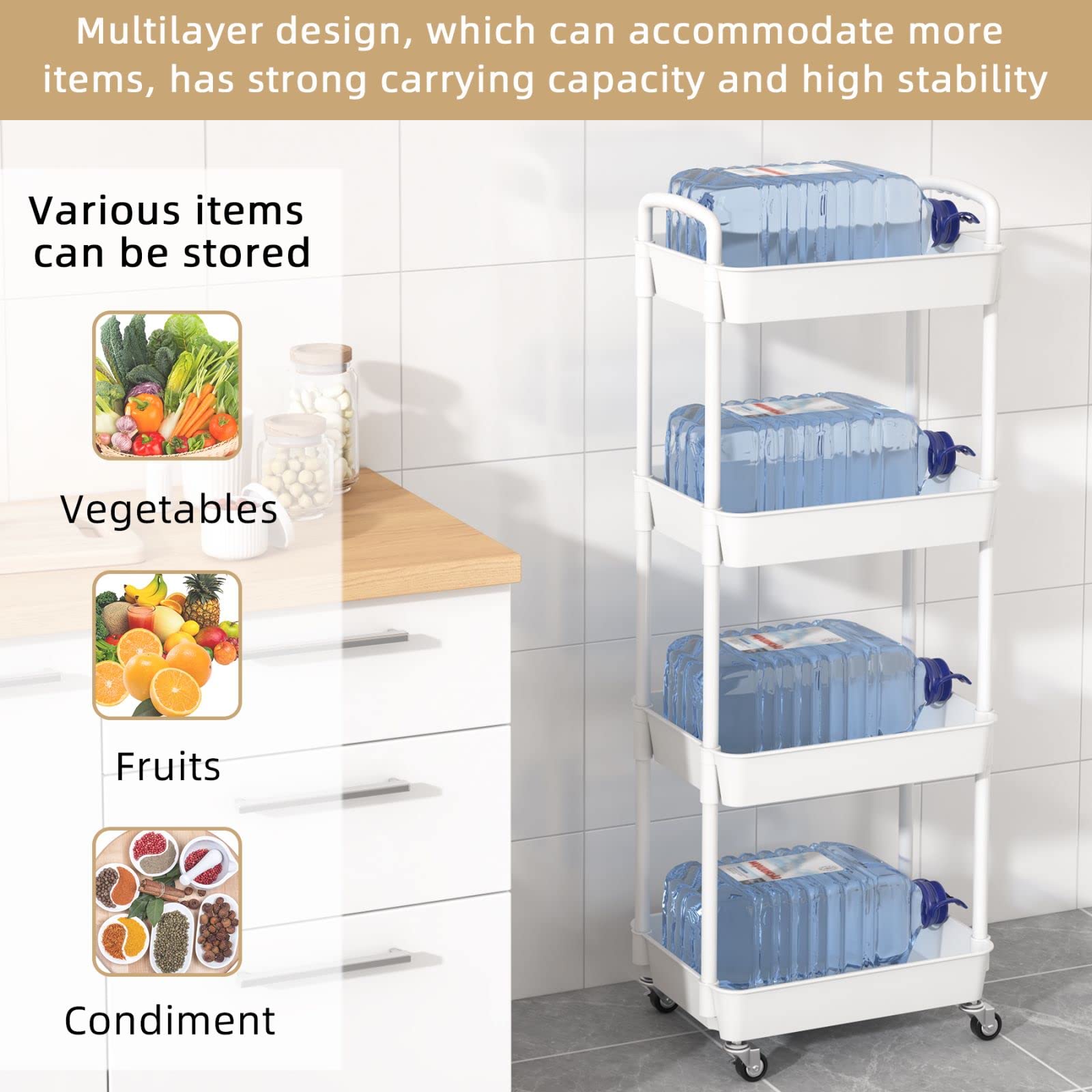 JIUYOTREE 4-Tier Rolling Storage Cart Utility Cart with Lockable Wheels for Living Room Bathroom Kitchen Office White