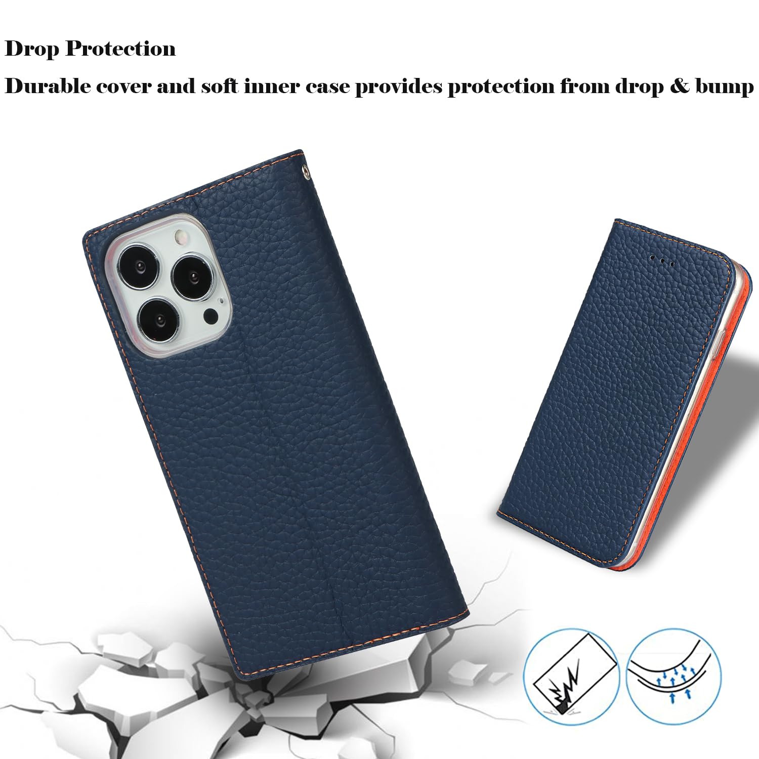 Havaya for iPhone 15 Pro Max leather case iPhone 15 Pro Max wallet case with Card Holder Flip Folio Genuine Leather cover with credit card slots for men and women-Deep blue Phone Case