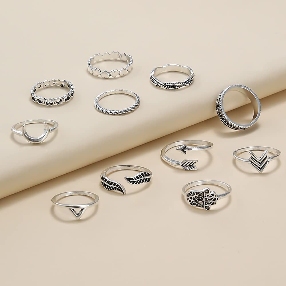 Jumwrit Bohemian Knuckle Rings Set Vintage Finger Rings Set Midi Rings Love Heart Ring Index Rings Silver Band Ring Stackable Rings for Women(11PCS)