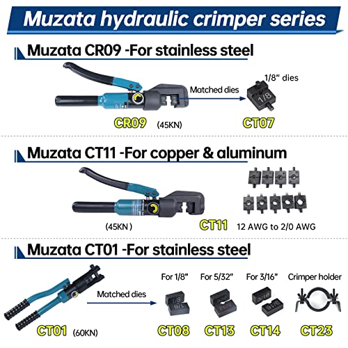 Muzata 60KN Upgraded Custom Hydraulic Hand Crimper Tool for 1/8" 5/32" 3/16" Stainless Steel Cable Railing Kit Wire Rope Swaging 3Pair Dies with Wire Cable Cutter CT01, CT1