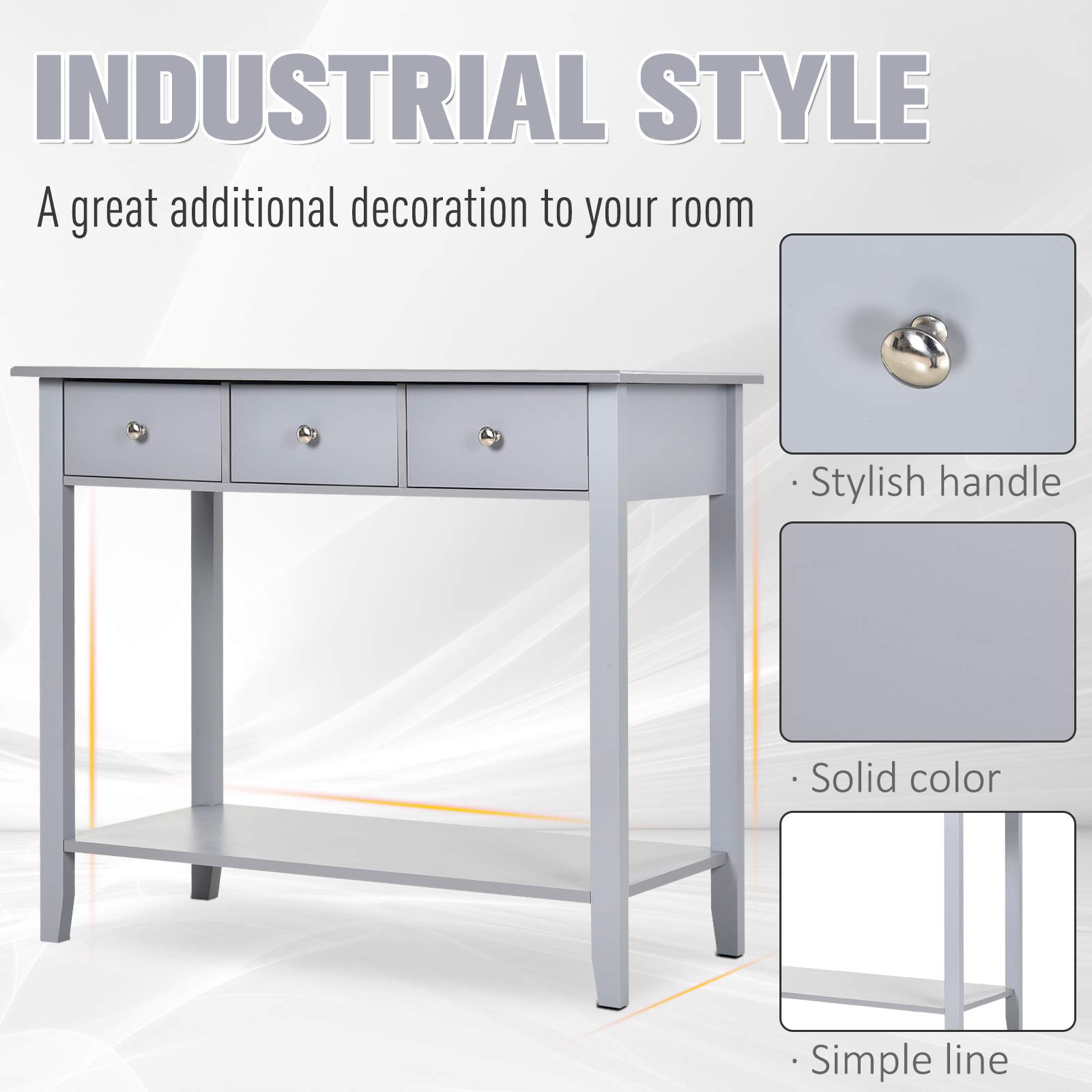 HOMCOM Console Table Industrial Desk with Drawer Bottom Shelf & Large Tabletop for Entryway or Living Room, Grey